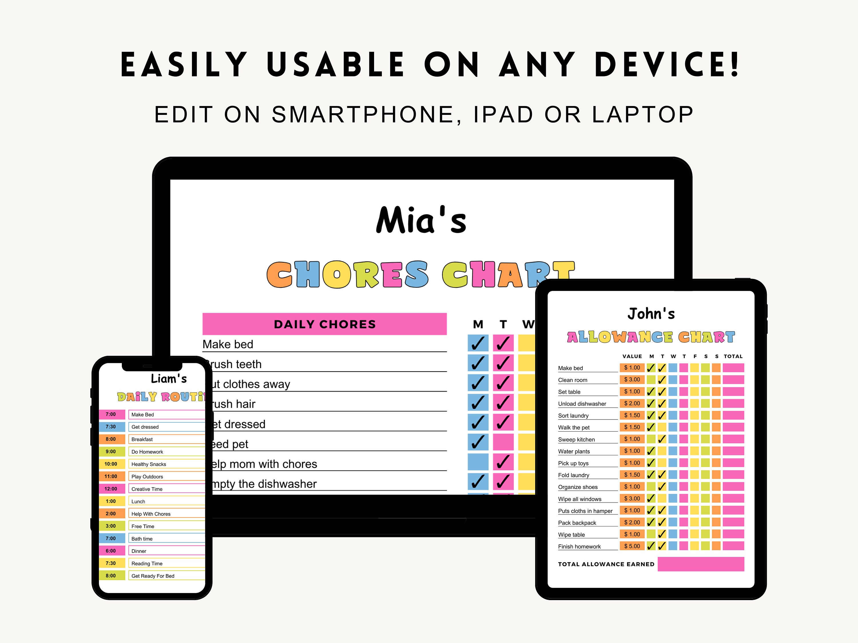 Editable Kids Chore Chart Bundle, Daily Routine Checklist, Reward ...
