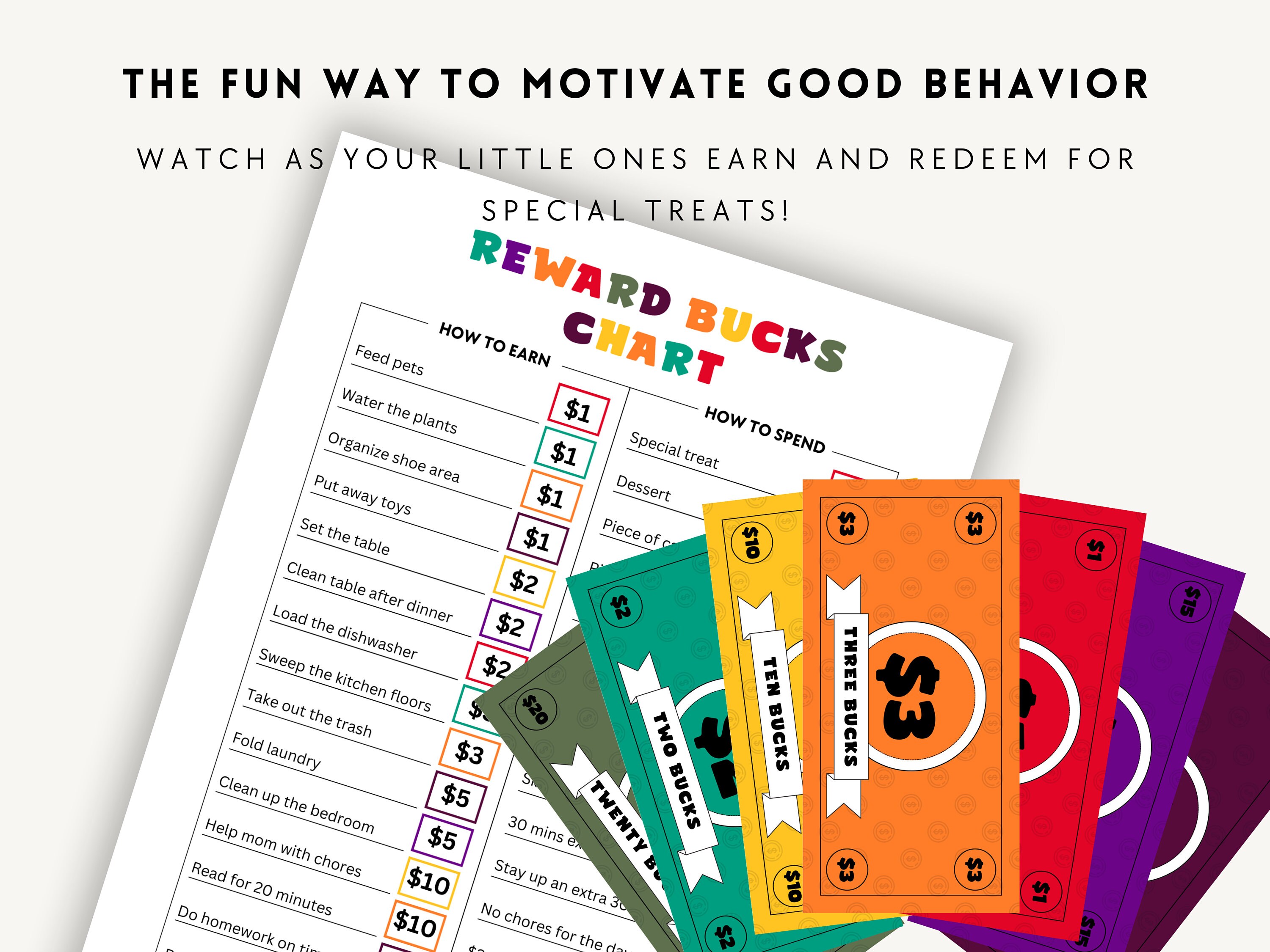 Kids Reward Bucks, Editable Reward Chart, Printable Play Money, Reward ...