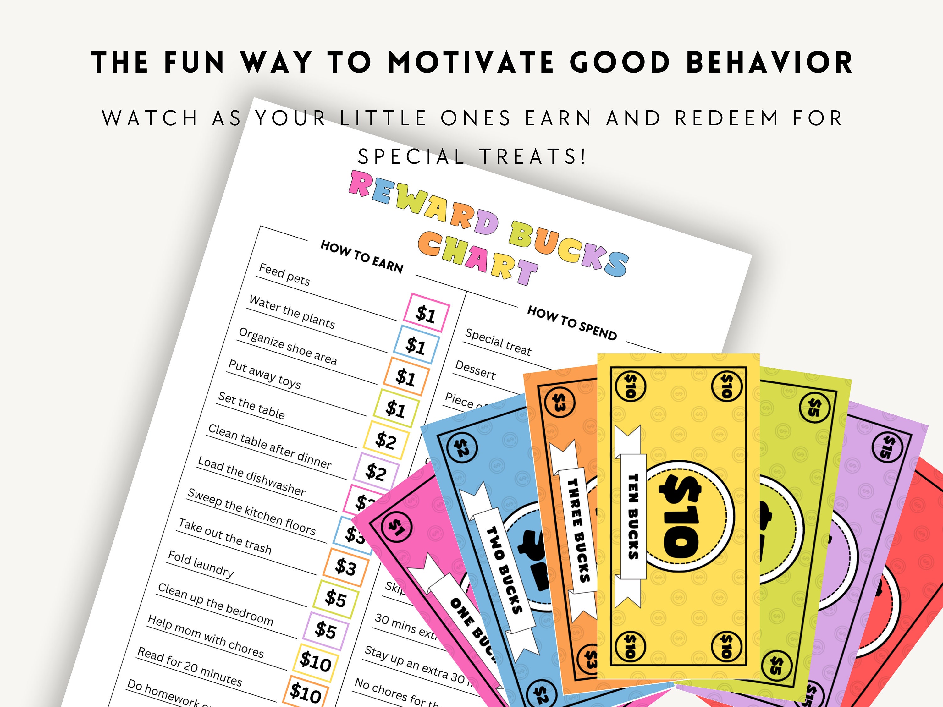 Kids Reward Bucks, Printable Play Money, Chore Dollars, Editable Reward ...