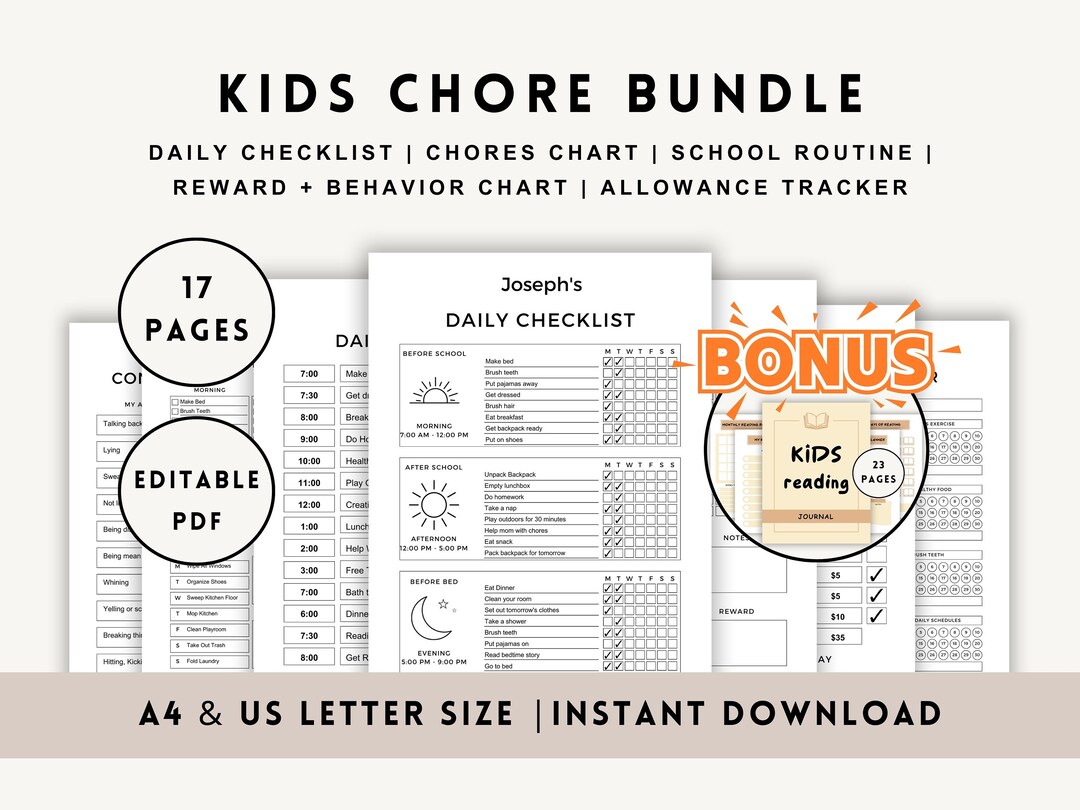 Editable Kids Chore Chart Bundle, Weekly Checklist, Allowance, Reward ...