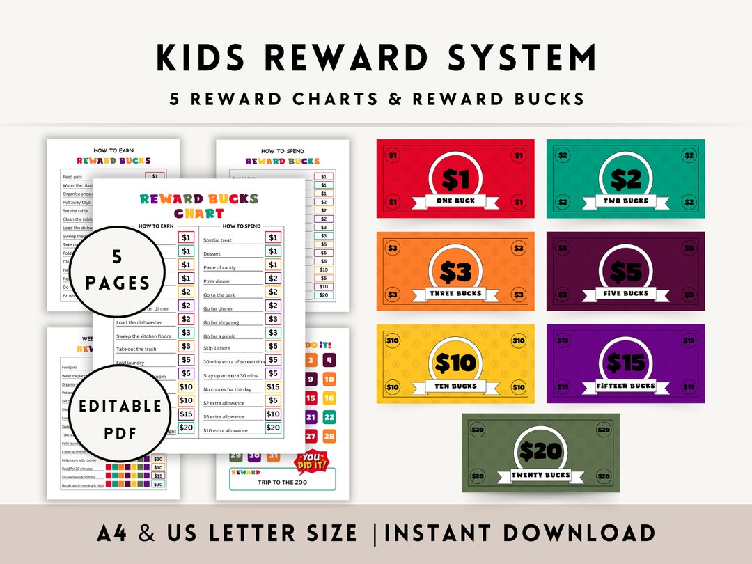 Kids Reward Bucks, Editable Reward Chart, Printable Play Money, Reward ...