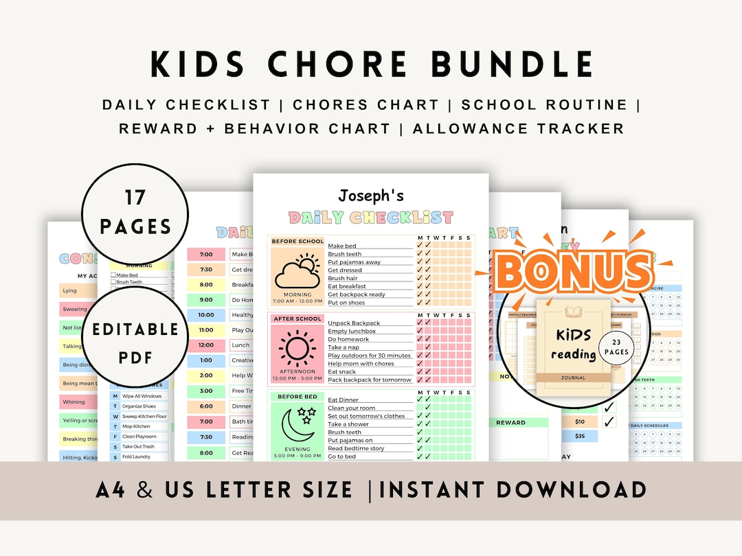 EDITABLE Kids Chore Chart Bundle, Daily Weekly Routine Checklist ...