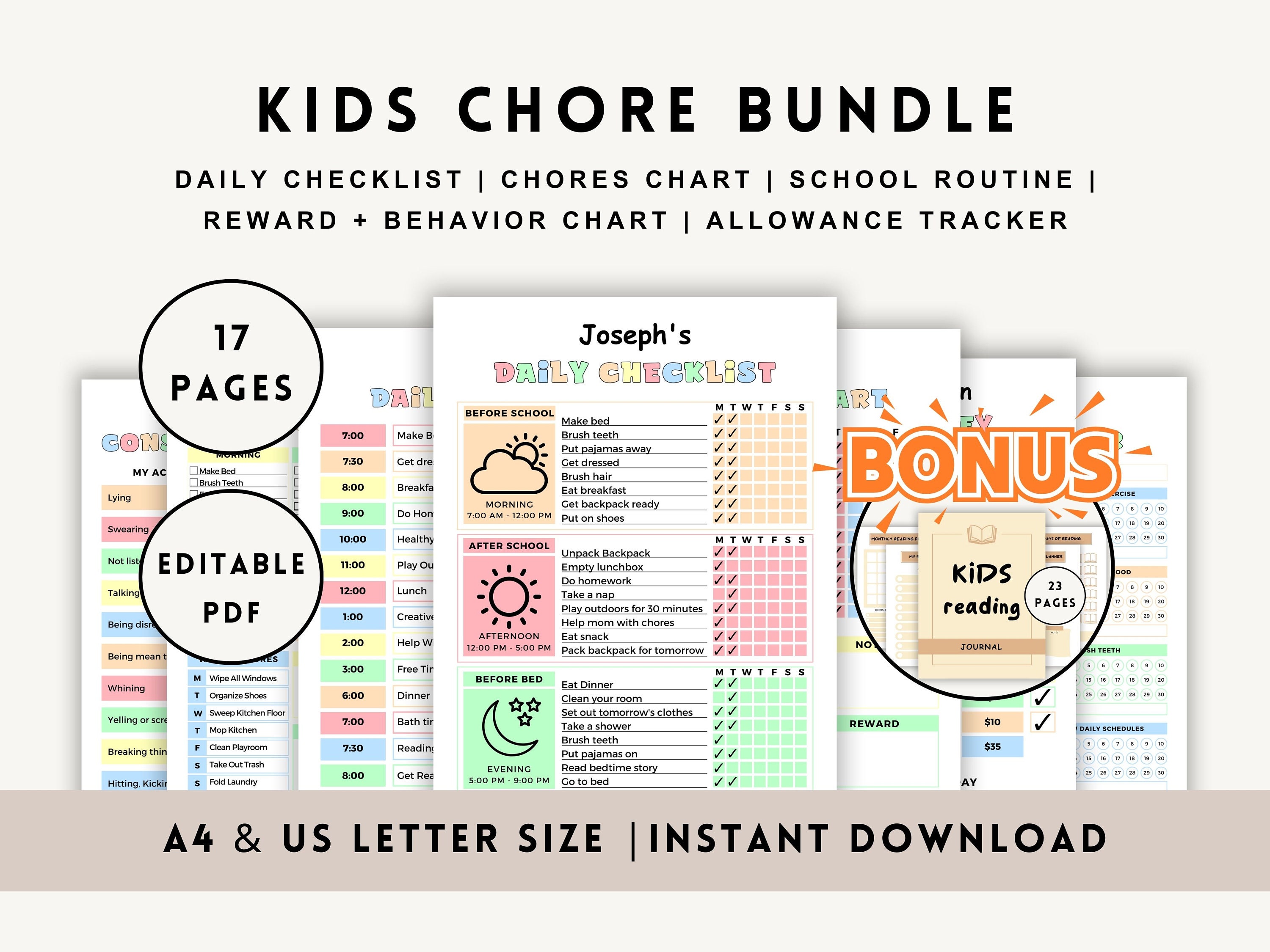 EDITABLE Kids Chore Chart Bundle, Daily Weekly Routine Checklist ...