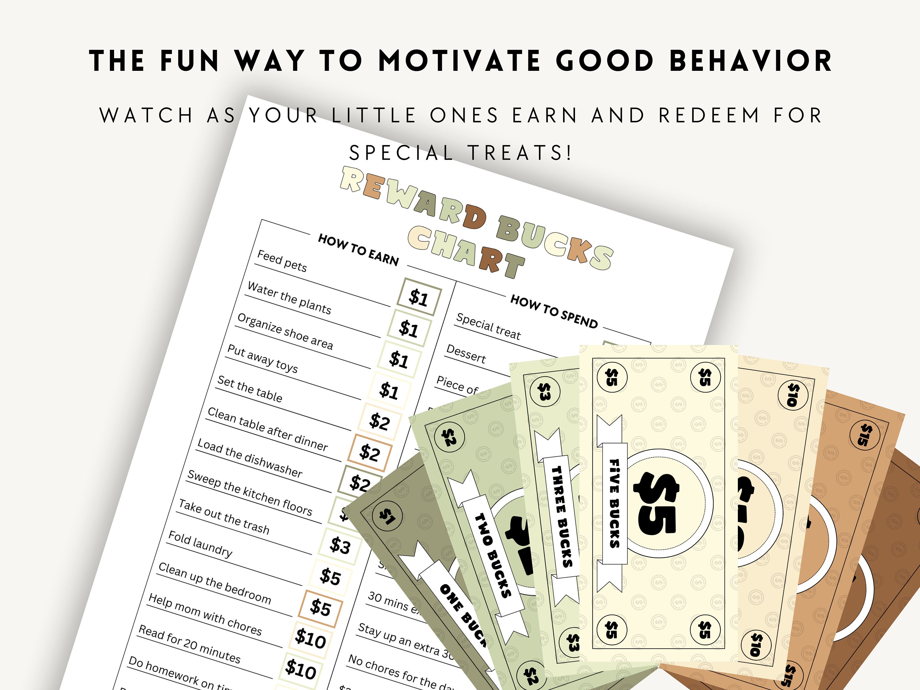 Chore Bucks Reward Chart Printable, Editable Kids Reward System ...