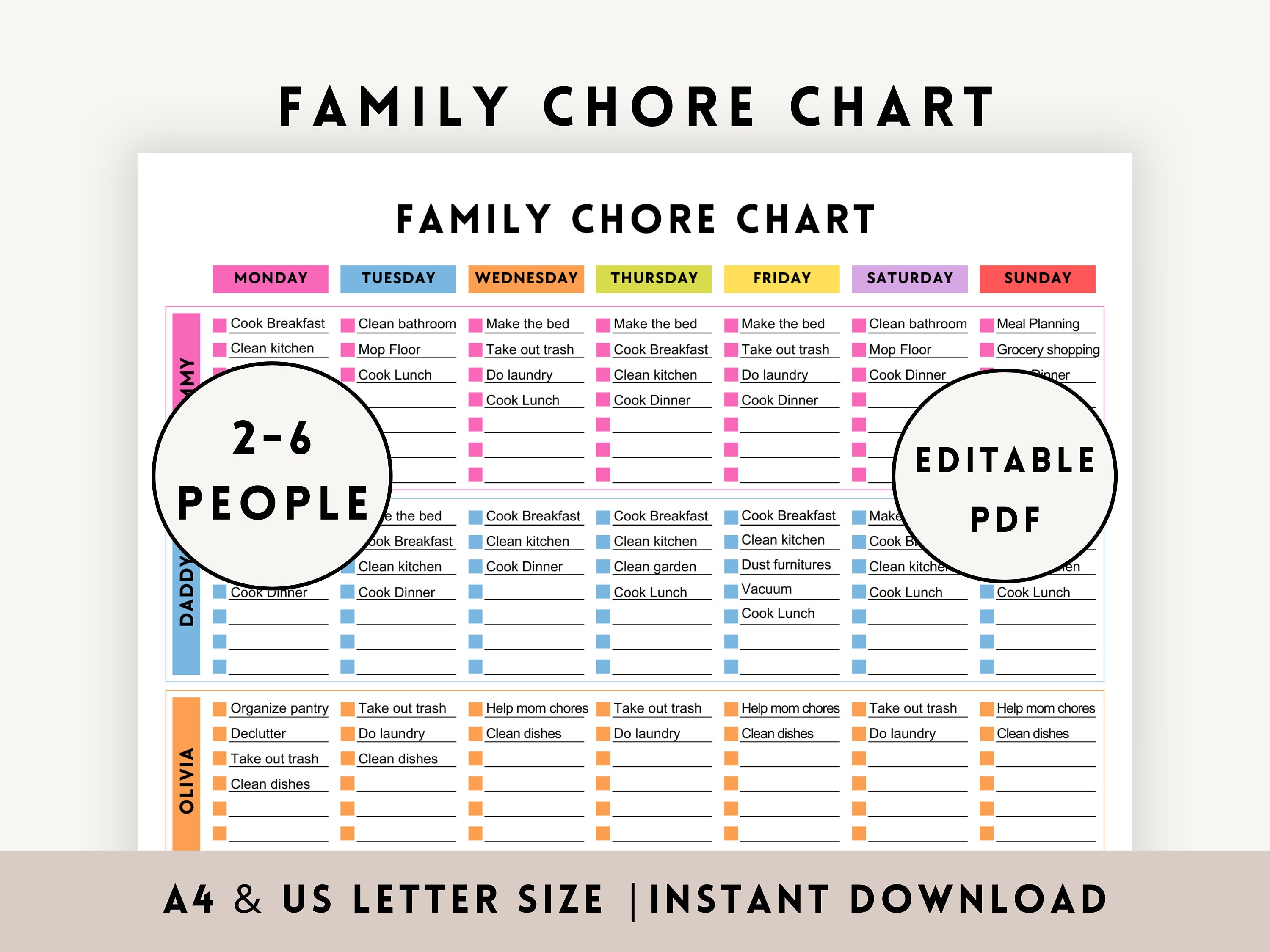 Family Chore Chart Printable, Editable Cleaning List Schedule, Weekly ...