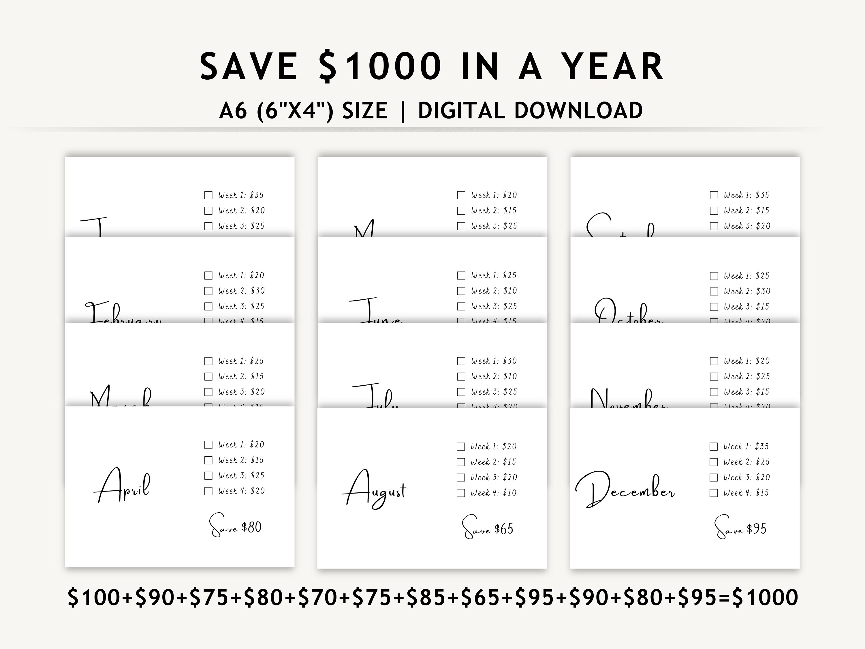 Minimalist Low Income Savings Challenge Printable, Save 1000 in a Year ...