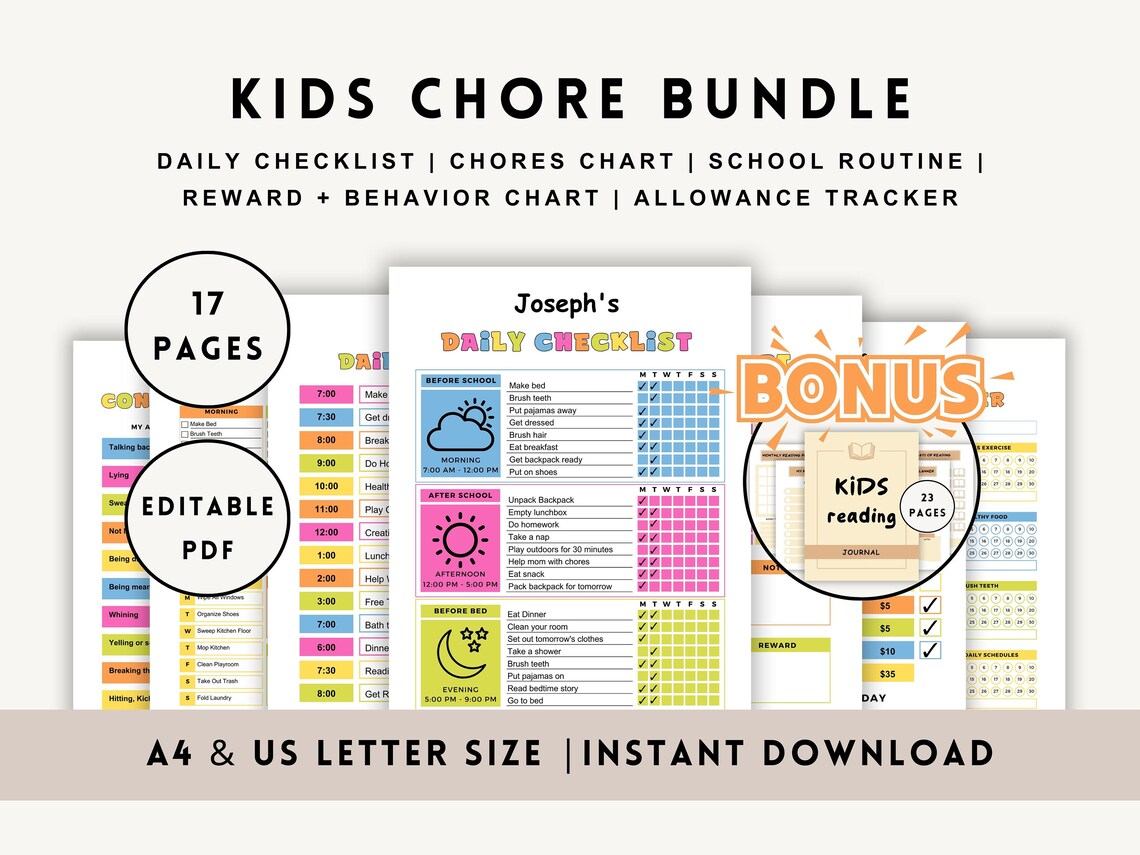 Editable Kids Chore Chart Bundle, Daily Routine Checklist, Toddler ...