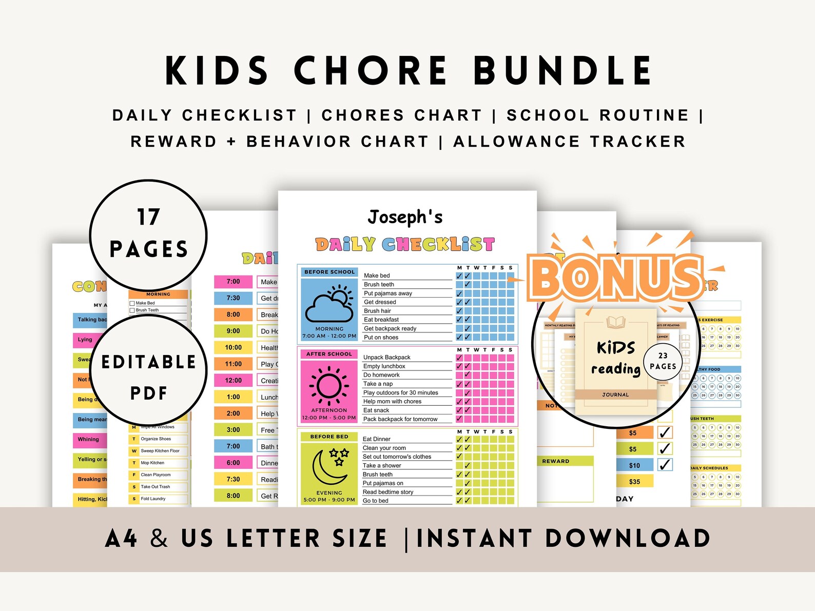 Editable Kids Chore Chart Bundle, Daily Routine Checklist, Toddler ...