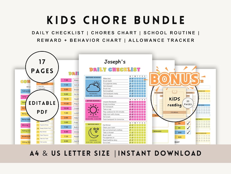 Editable Kids Chore Chart Bundle, Daily Routine Checklist, Toddler ...