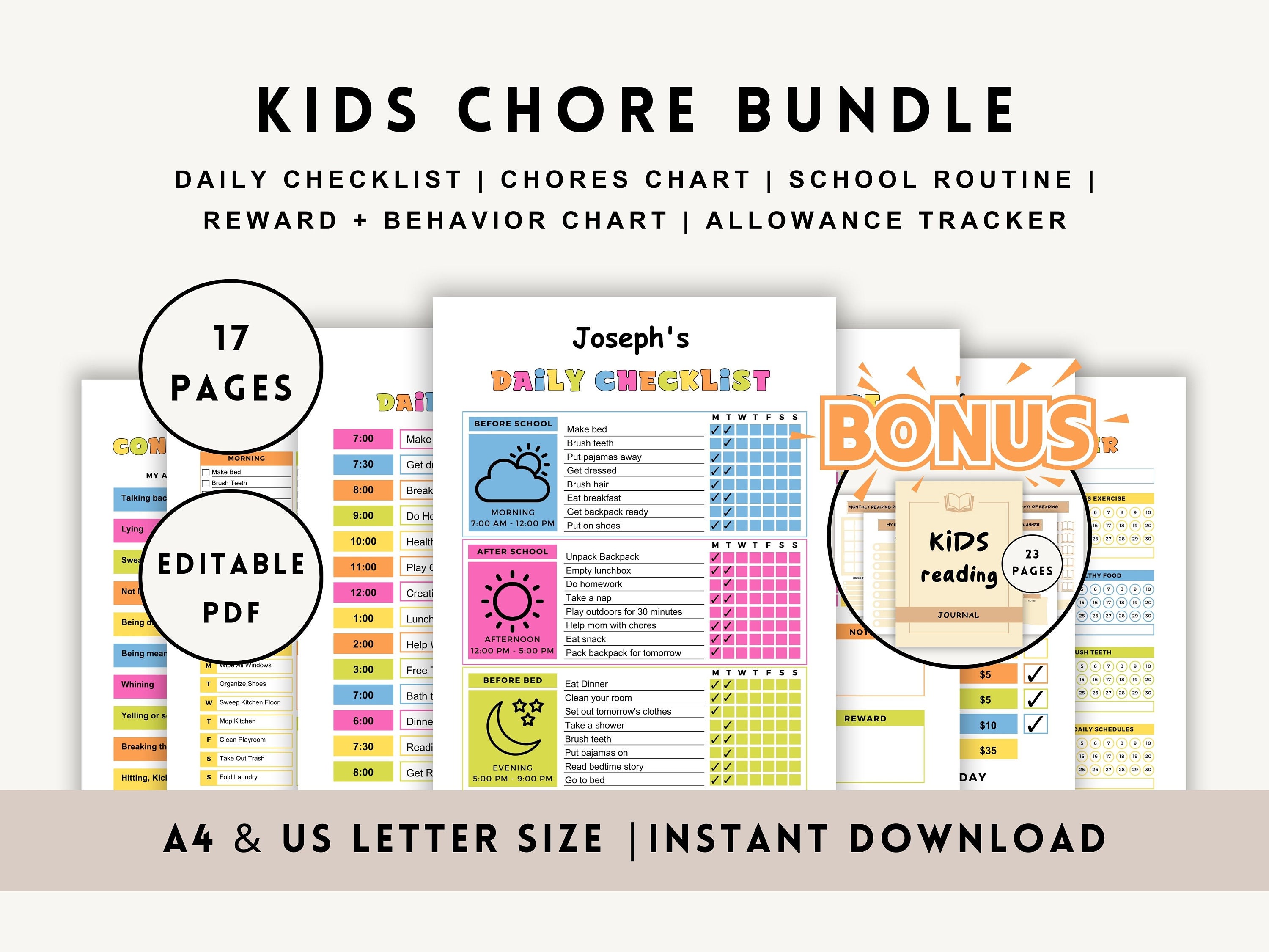 Editable Kids Chore Chart Bundle, Daily Routine Checklist, Toddler ...
