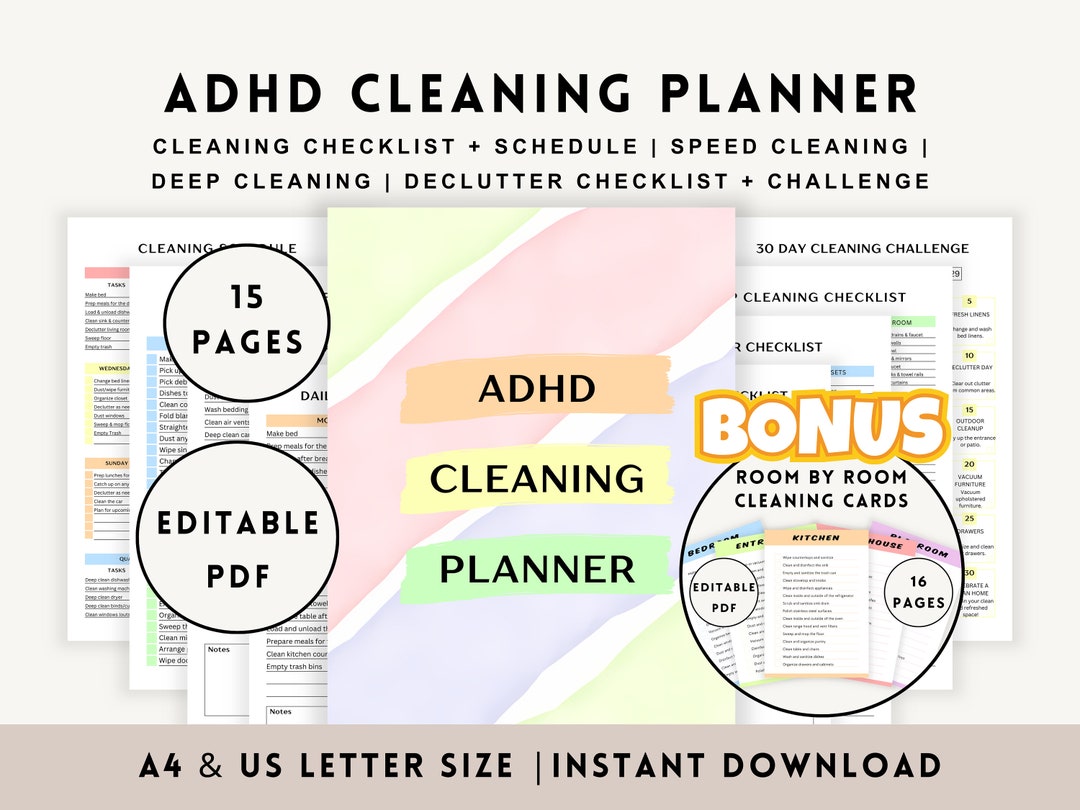 ADHD Cleaning Checklist, Daily Weekly Monthly Household Chores Chart ...