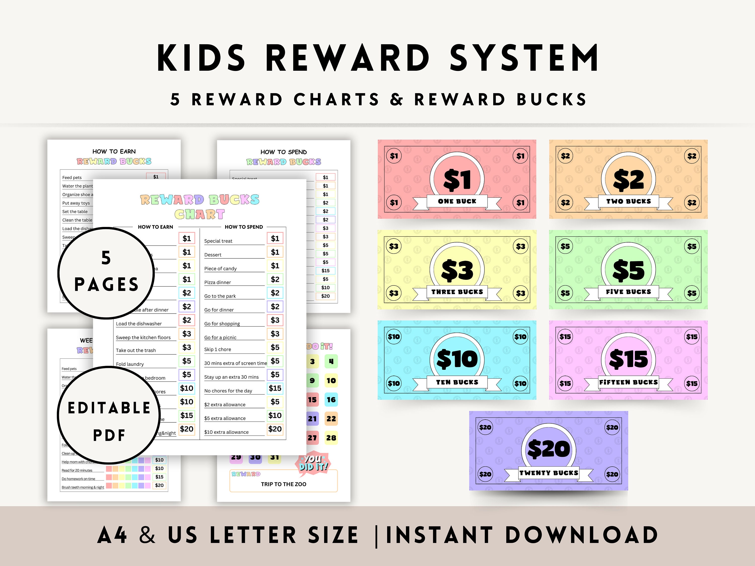 Editable Kids Reward Chart, Printable Mom Bucks, Good Behavior Tracker ...