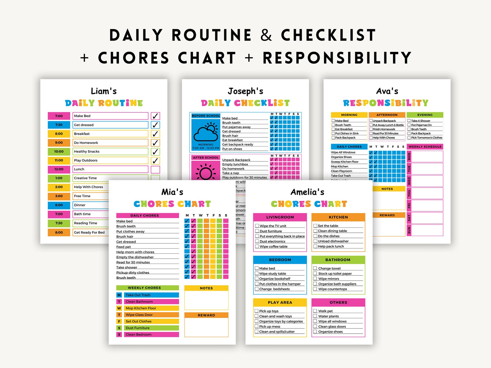 Editable Kids Chore Chart Bundle, Daily Routine Checklist, Reward ...