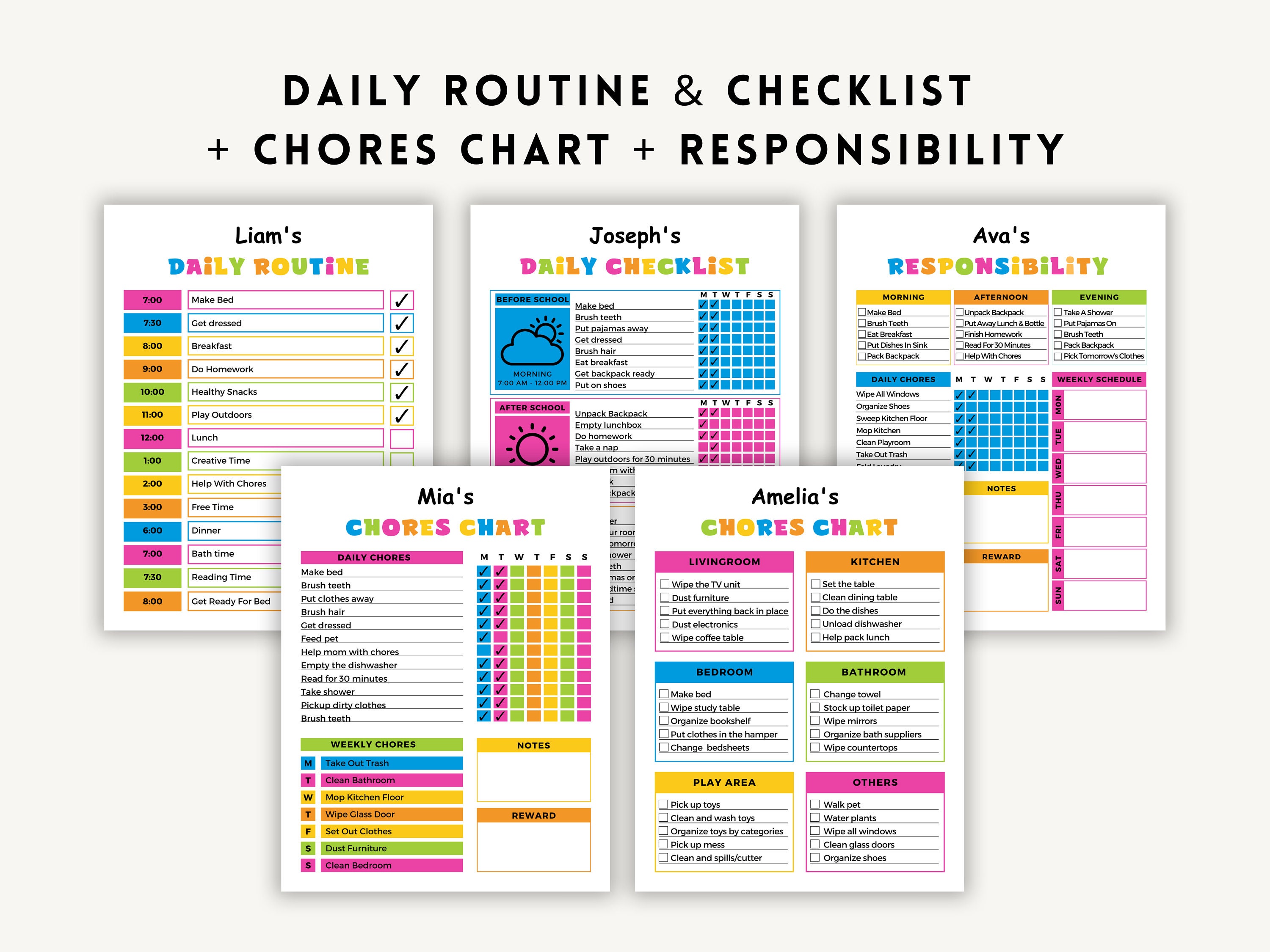 Editable Kids Chore Chart Bundle, Daily Routine Checklist, Reward ...