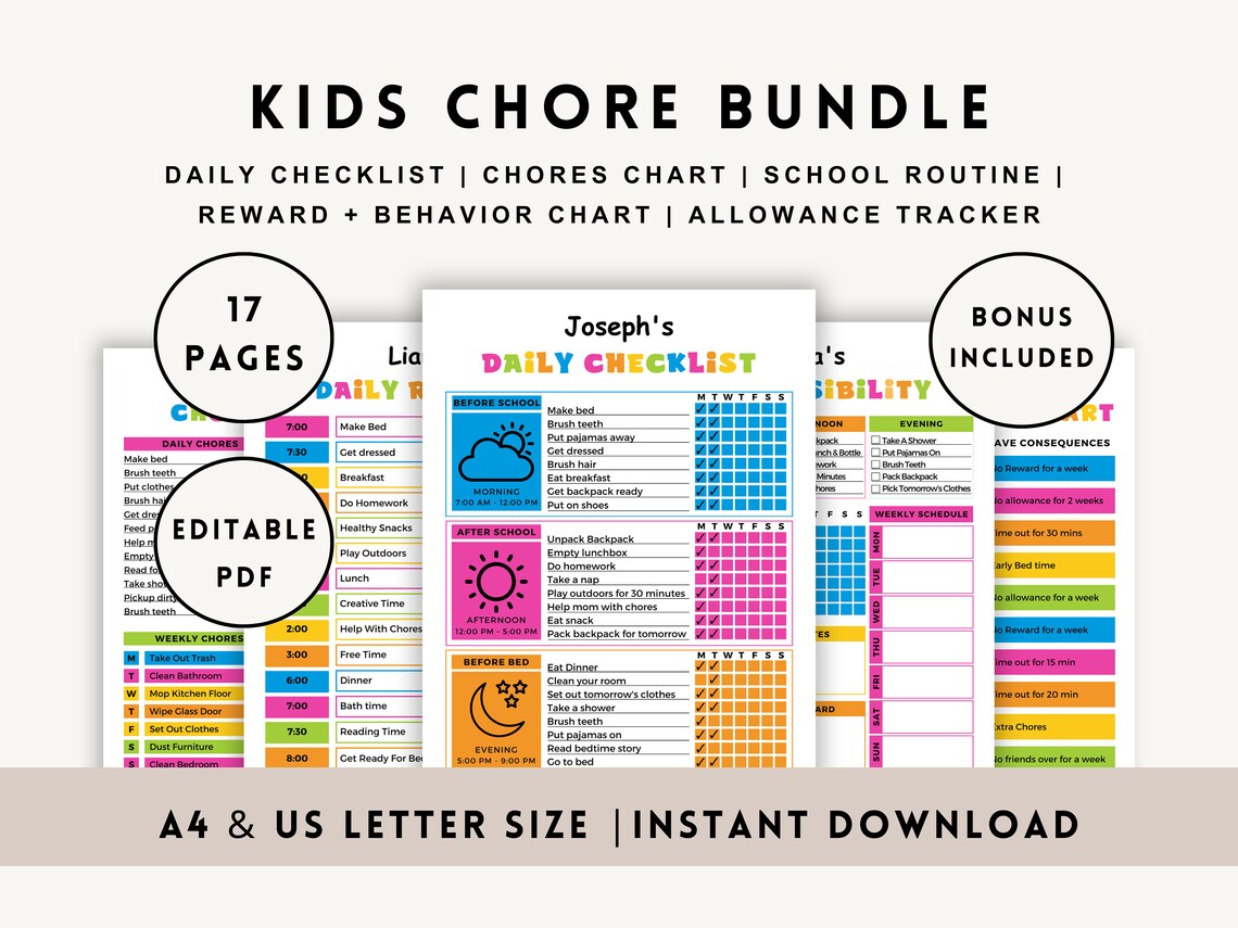 Editable Kids Chore Chart Bundle, Daily Routine Checklist, Reward ...