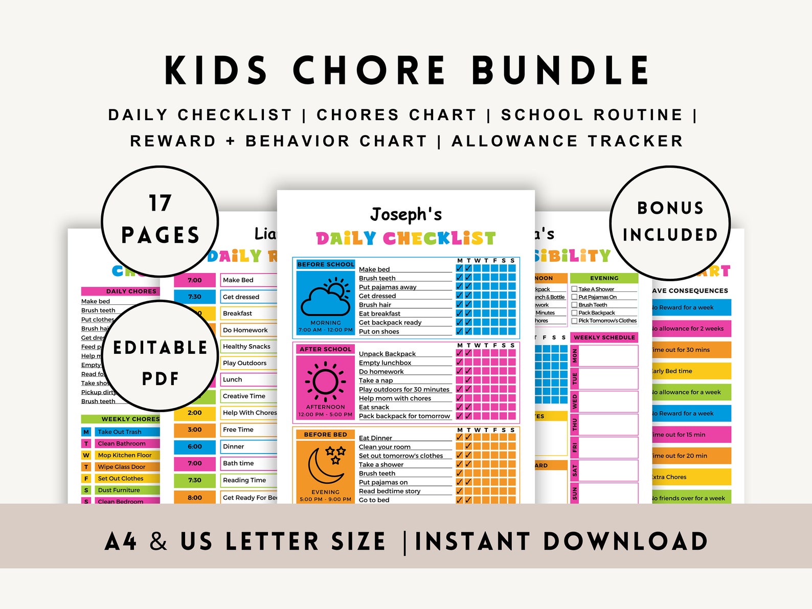 Editable Kids Chore Chart Bundle, Daily Routine Checklist, Reward ...