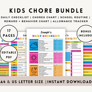 Editable Kids Chore Chart Bundle, Daily Routine Checklist, Reward ...