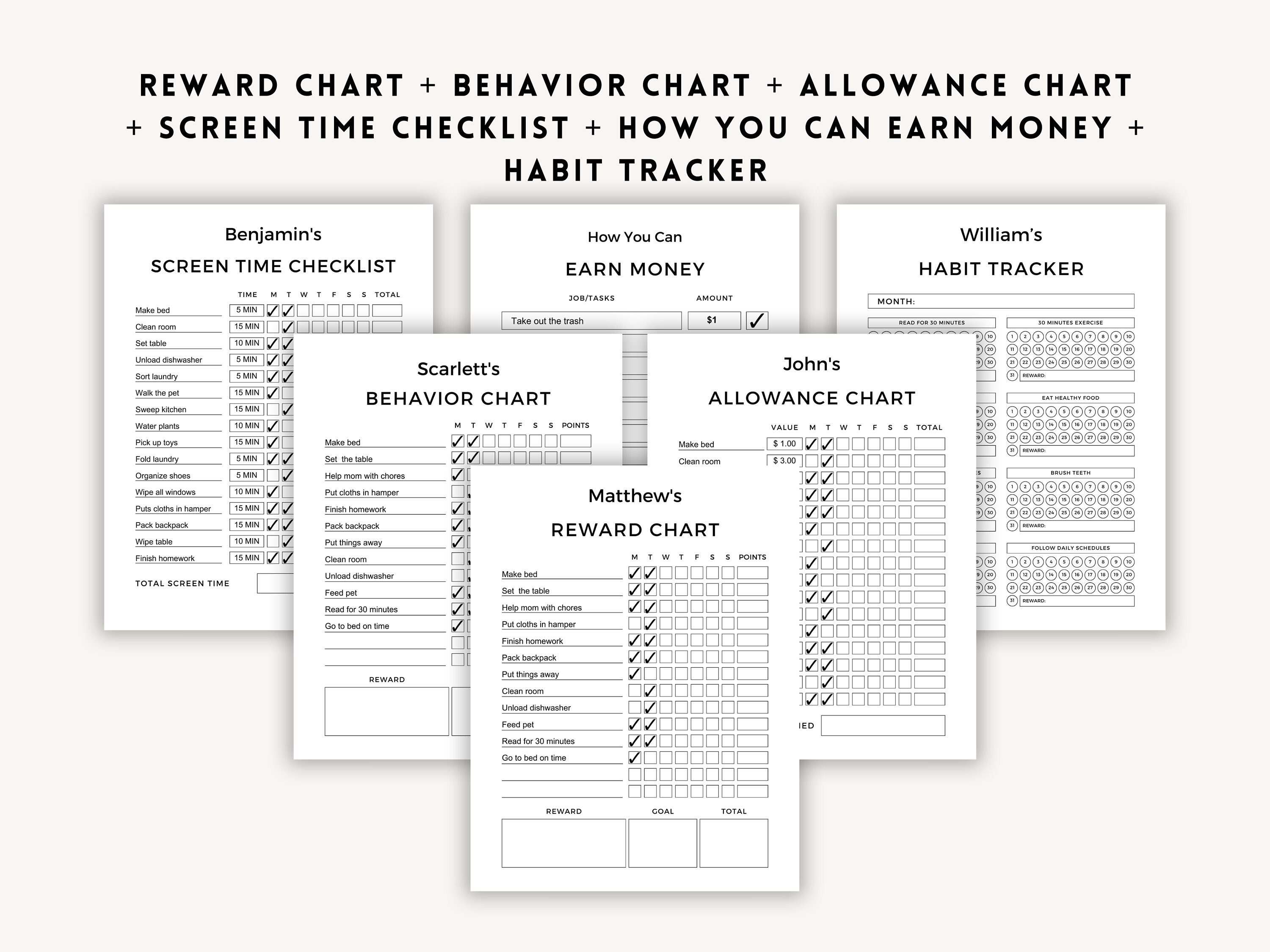 Editable Kids Chore Chart Bundle, Weekly Checklist, Allowance, Reward ...
