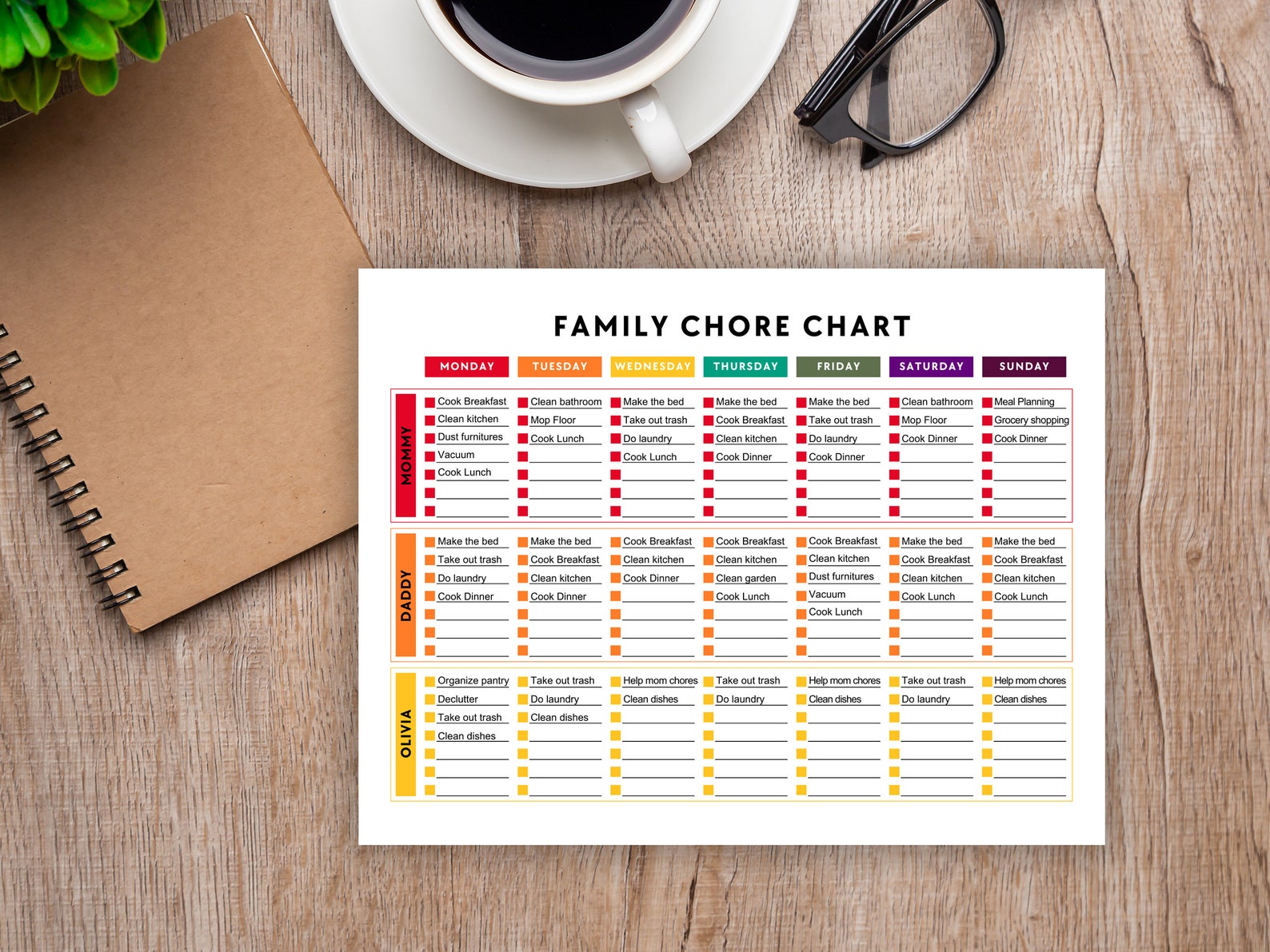 Editable Family Chore Chart, Multiple Kids Responsibility Checklist ...
