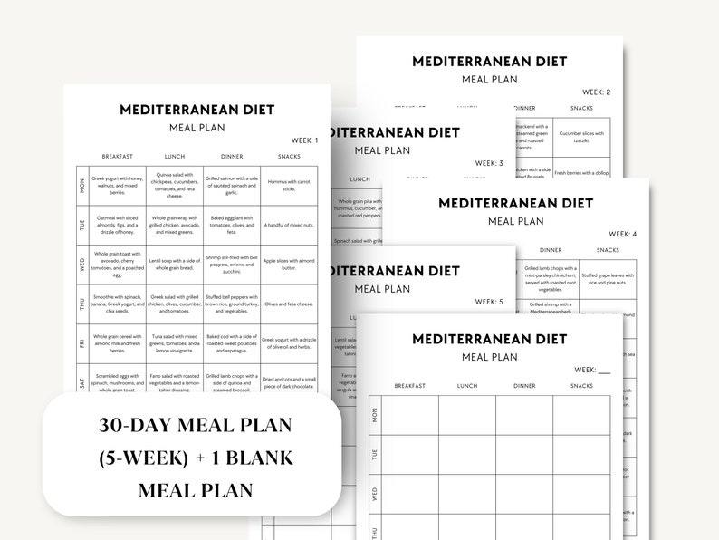 30-day Mediterranean Diet Meal Plan PDF Printable, 4-week Menu Planner Ideas, Heart Healthy Food ...