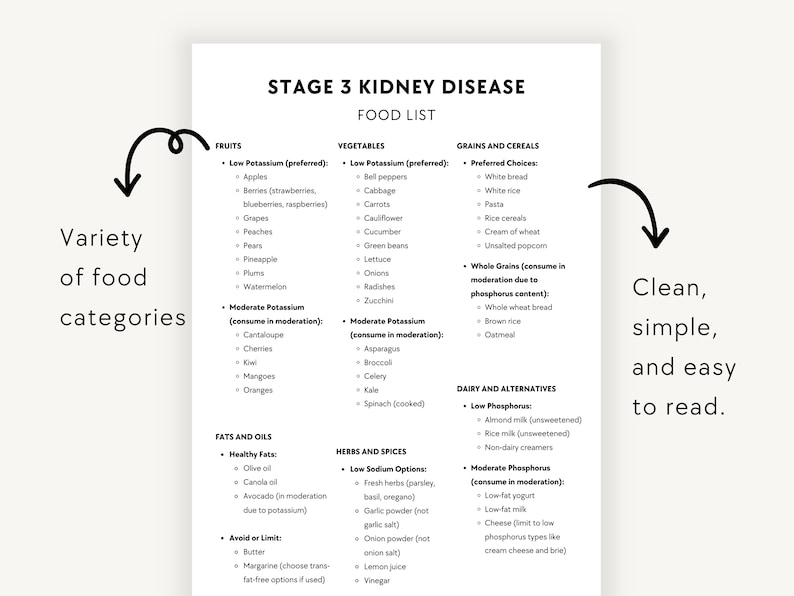 Stage 3 Kidney Disease Food List, CKD Renal Diet PDF, Kidney-friendly ...