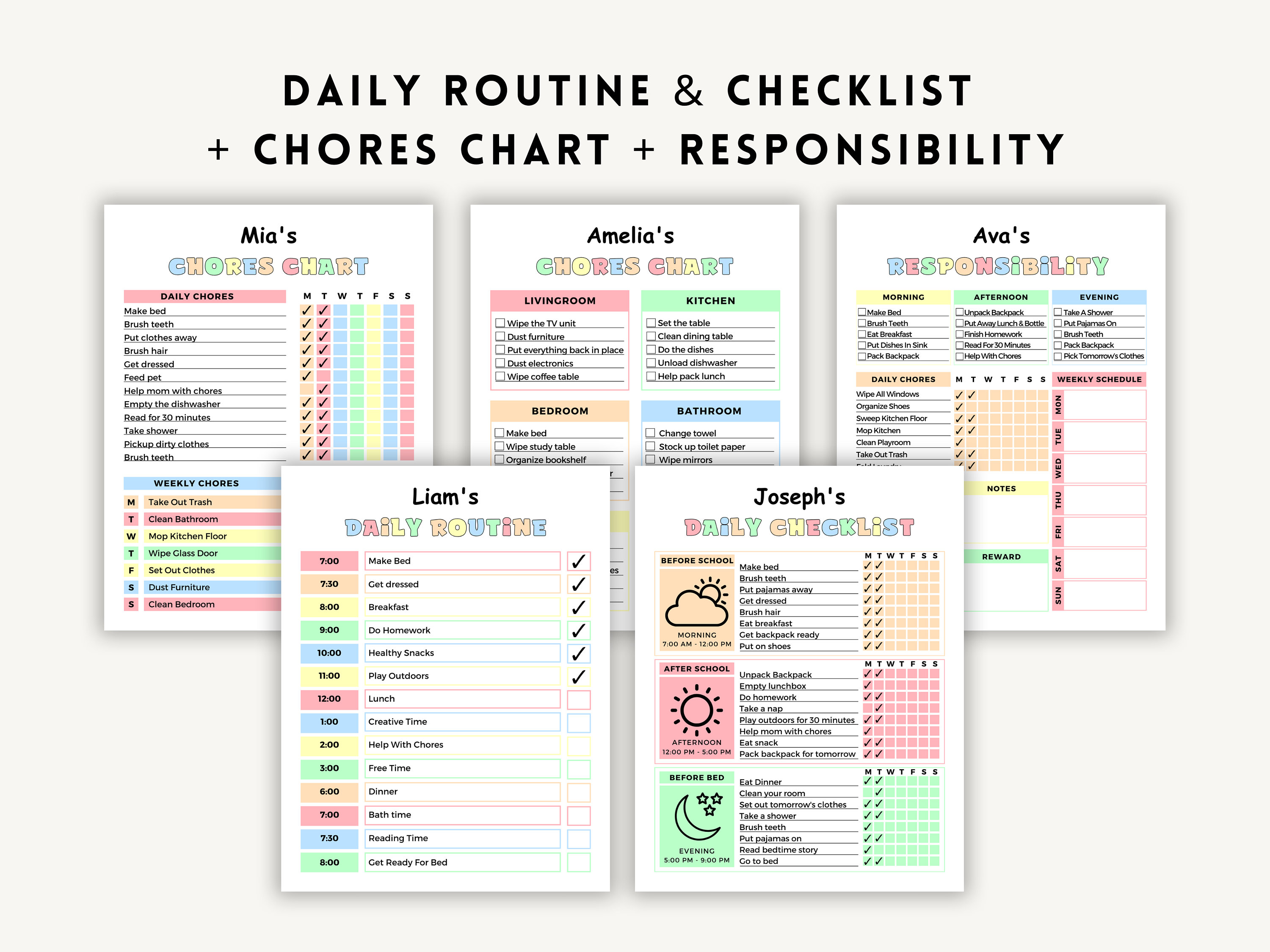 EDITABLE Kids Chore Chart Bundle, Daily Weekly Routine Checklist ...