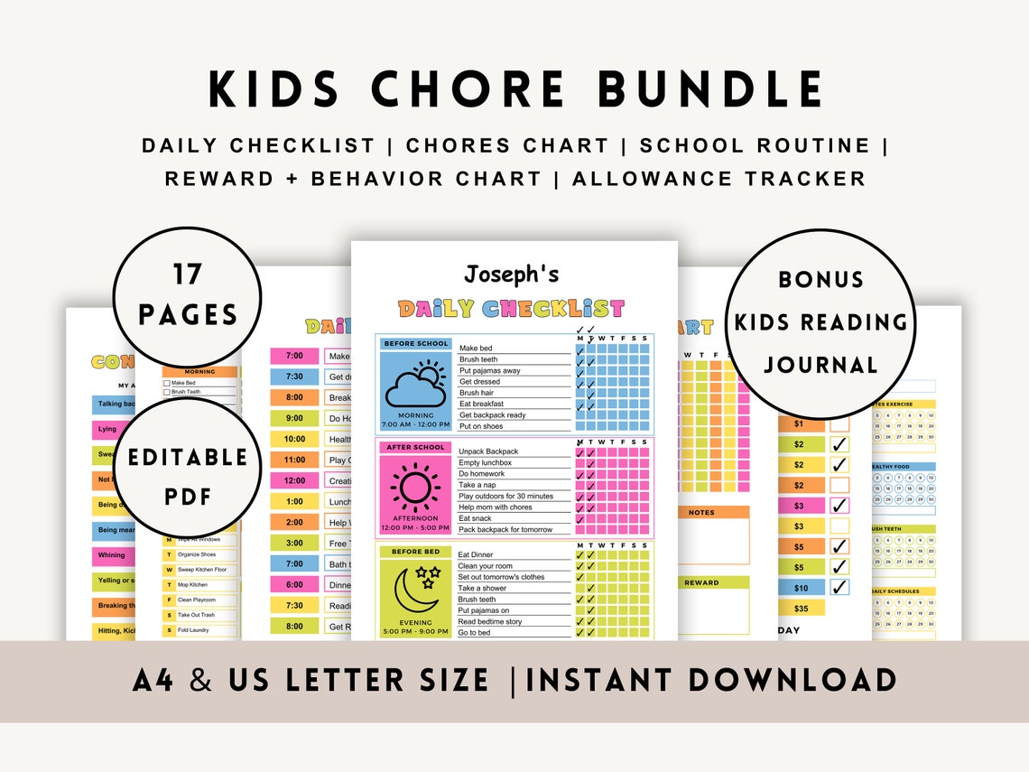 Editable Kids Chore Chart Bundle, Daily Routine Checklist, Reward ...