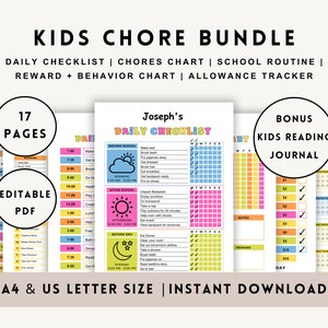 Editable Kids Chore Chart Bundle, Daily Routine Checklist, Reward ...