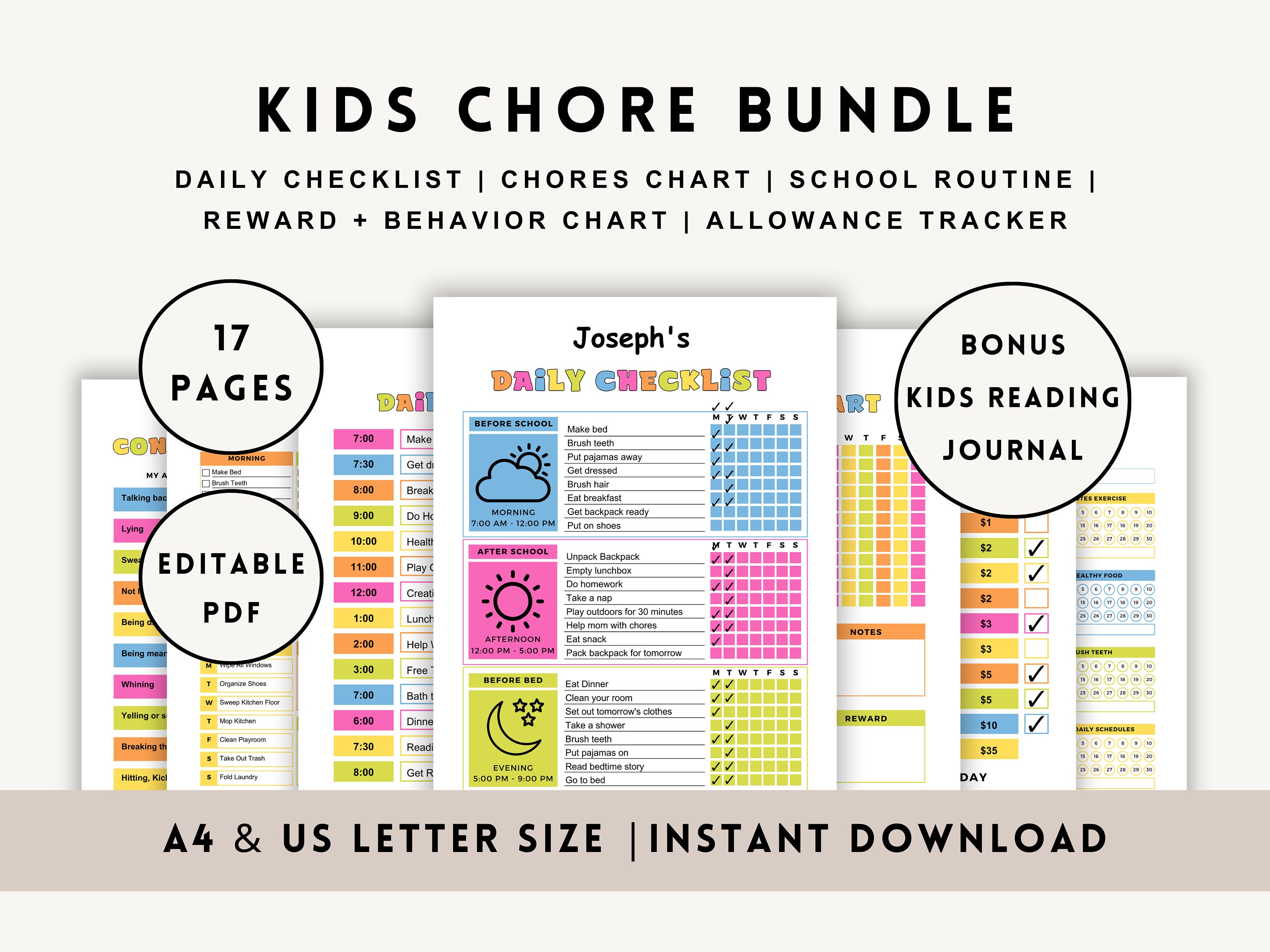 Editable Kids Chore Chart Bundle, Daily Routine Checklist, Reward ...