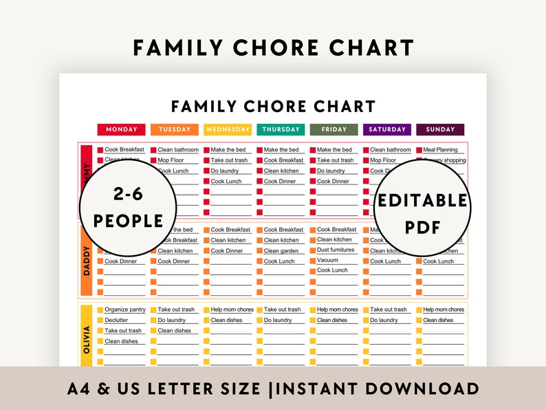 Editable Family Chore Chart, Multiple Kids Responsibility Checklist ...