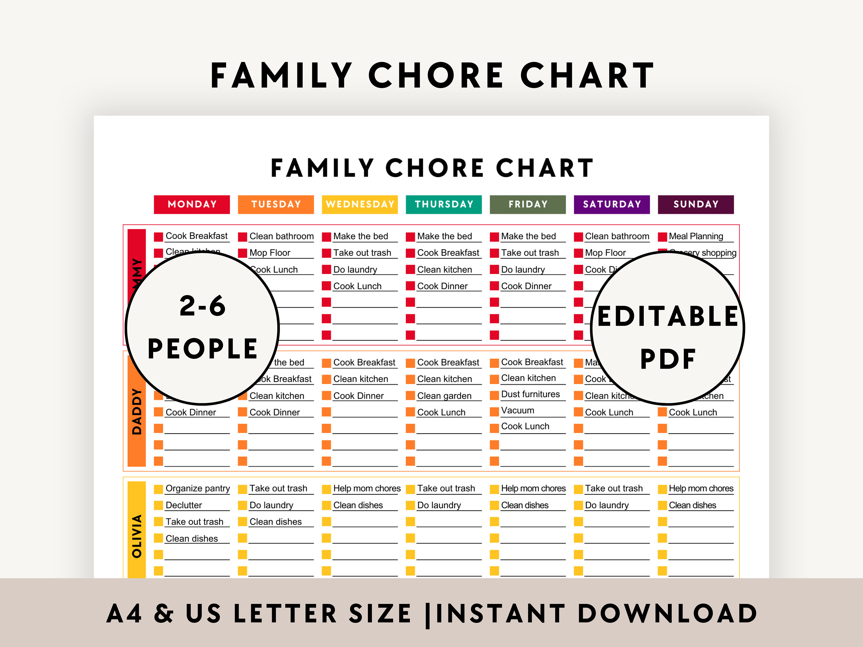 Editable Family Chore Chart, Multiple Kids Responsibility Checklist ...