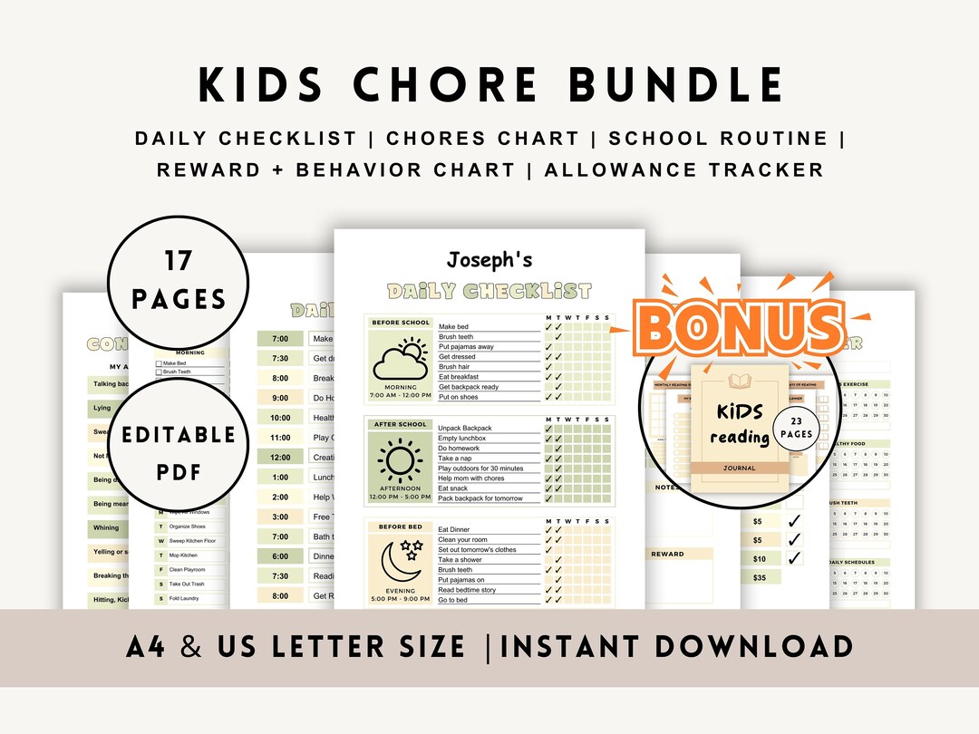 Kids Chore Chart Editable Printable, ADHD Daily Weekly Checklist Bundle ...