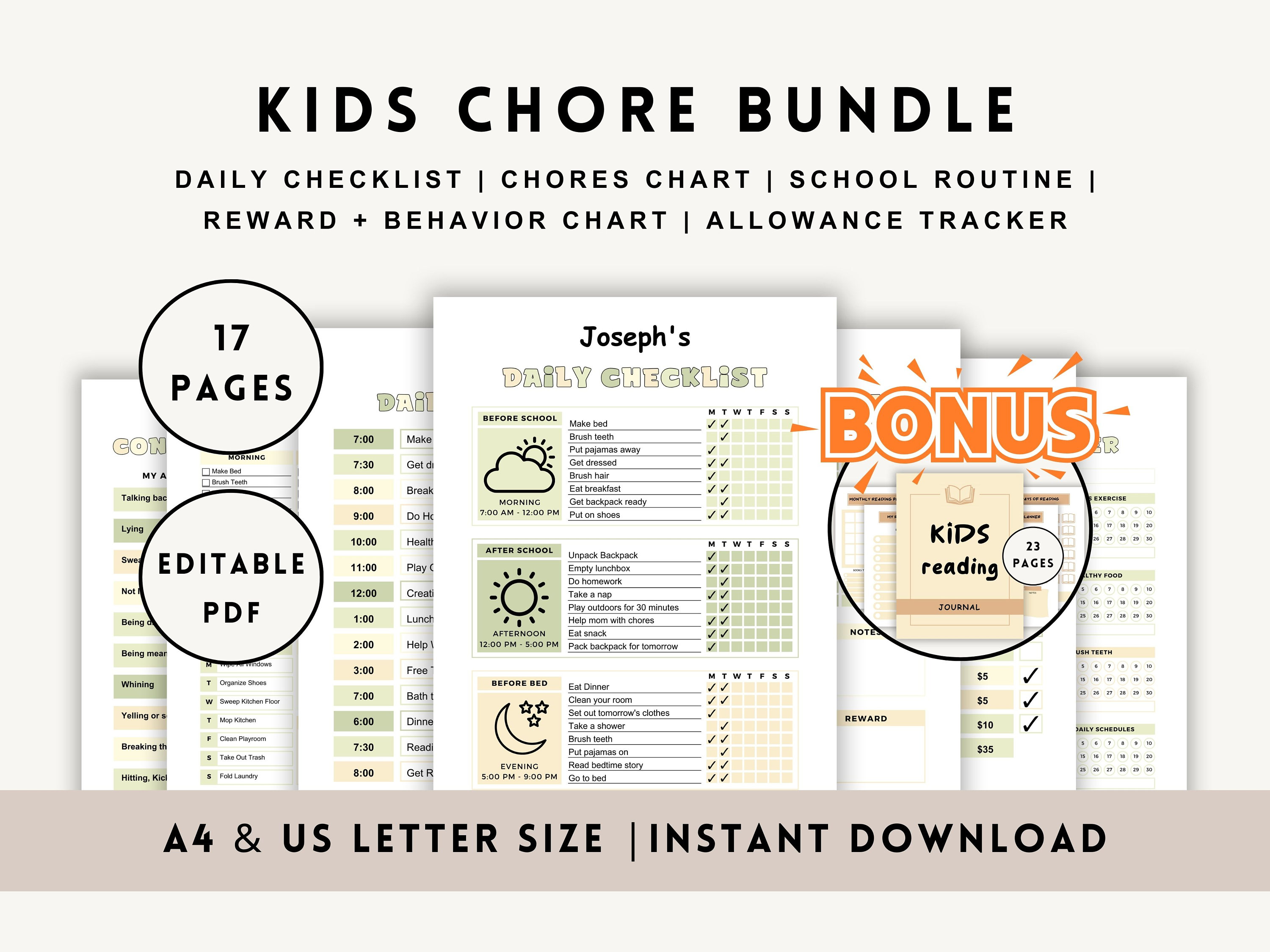 Kids Chore Chart Editable Printable, ADHD Daily Weekly Checklist Bundle ...