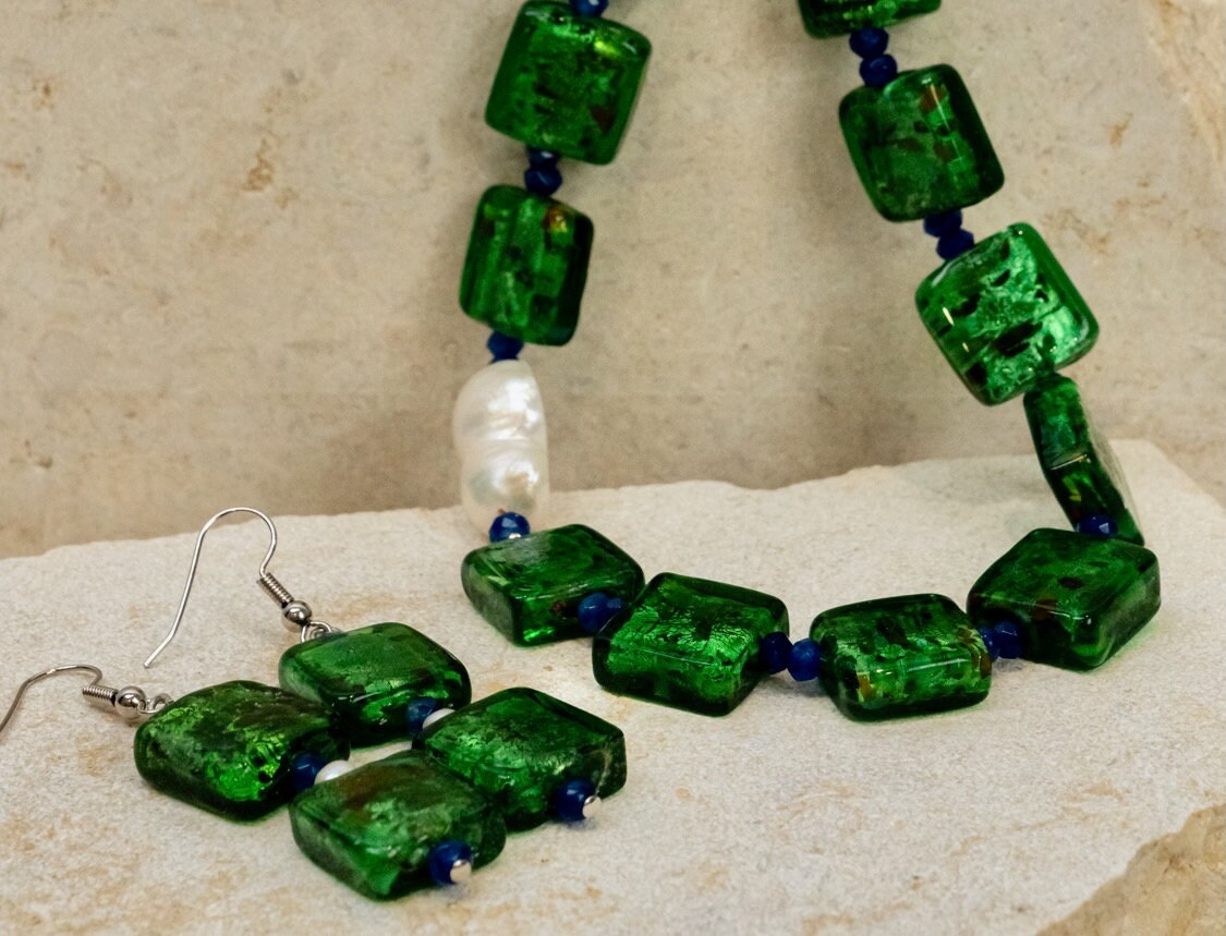 Chunky Emerald Green Glass Foil Beaded Jewellery Set, Bold Statement ...