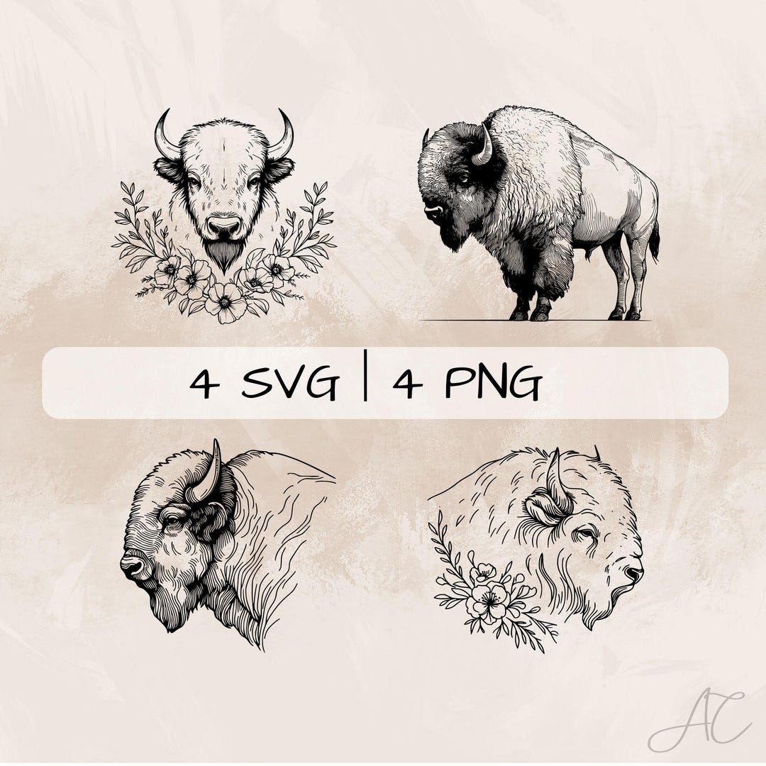 Delicate Bison SVG Bundle, Bison Line Art PNG, Floral Bison Clipart ...