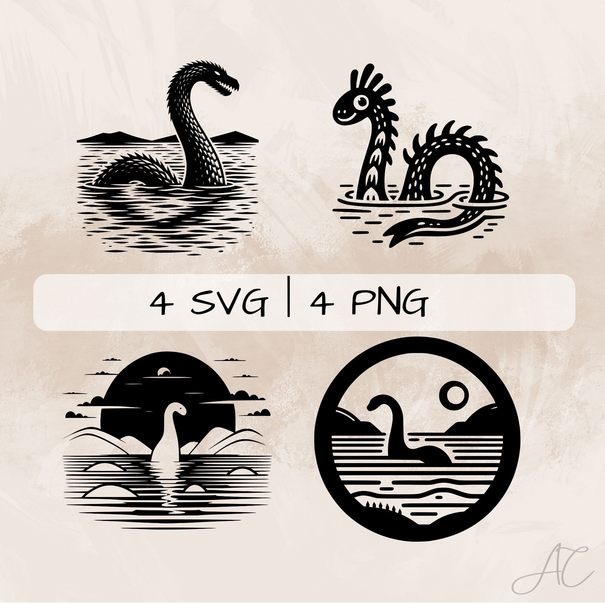 Loch Ness Monster SVG Bundle, Loch Ness PNG, Lake Monster Clipart, Hand ...