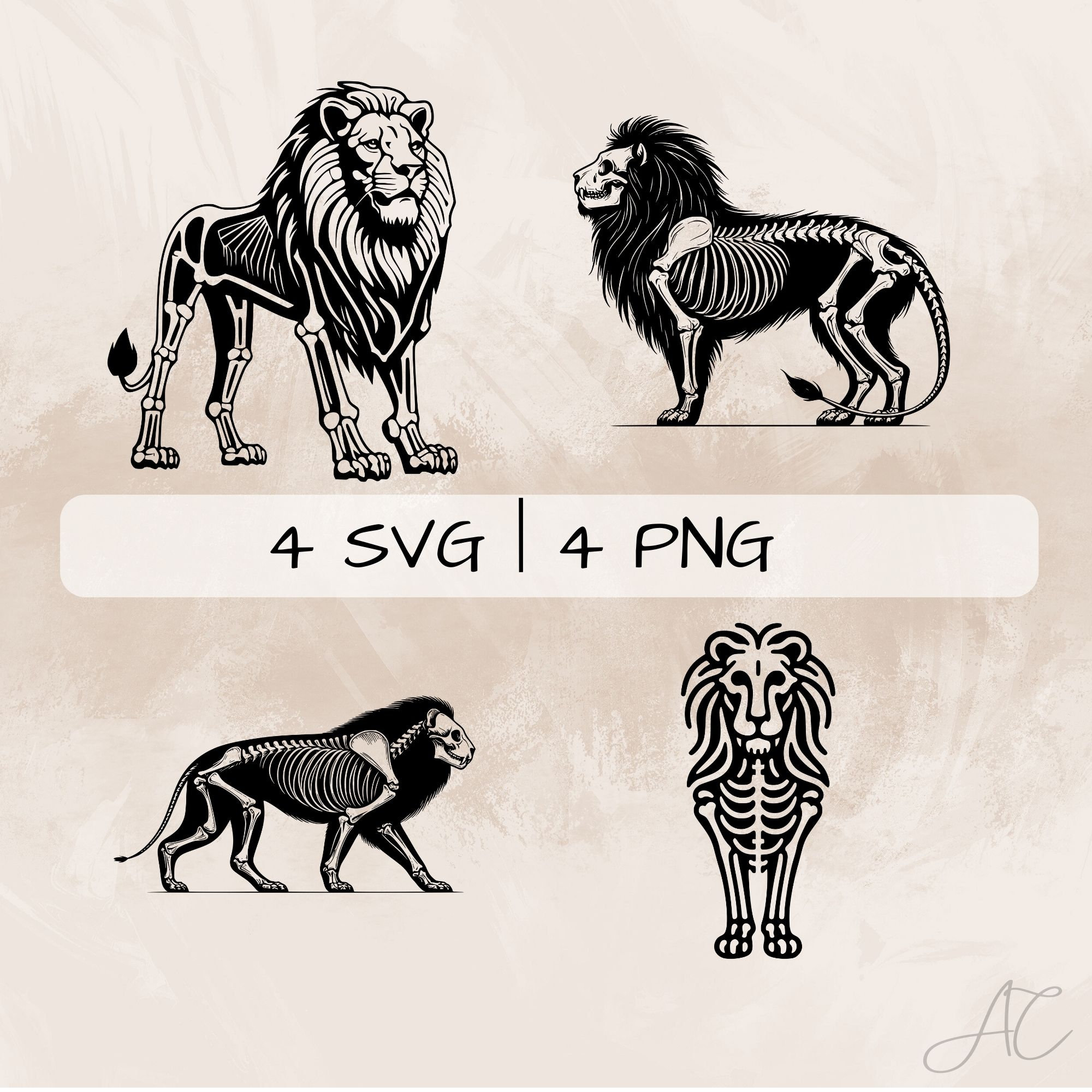 Lion Skeleton SVG Bundle, Skeleton Lion PNG, Skeleton Animal Clipart ...