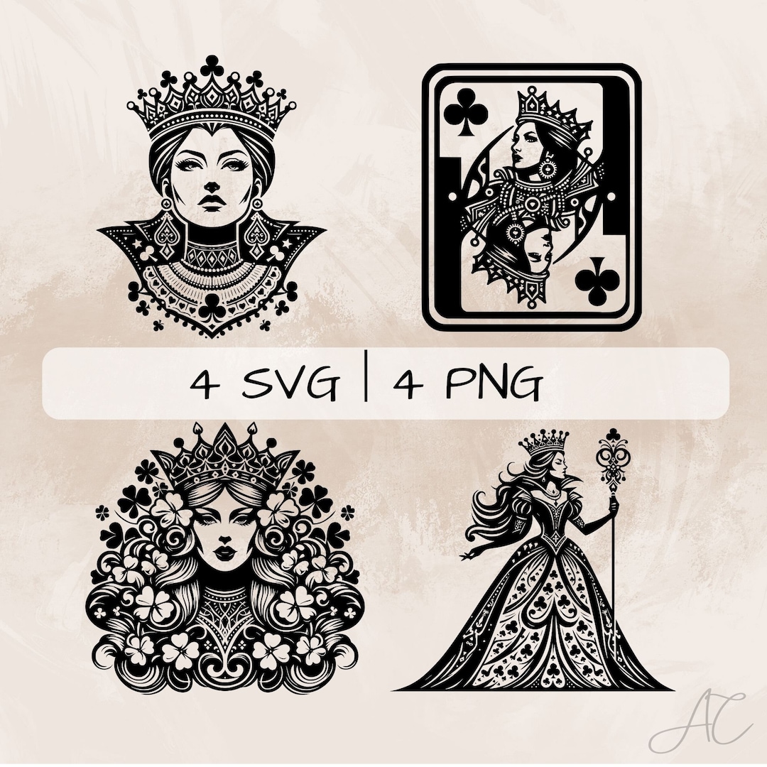 Queen of Clubs SVG Bundle, Queen PNG, Club Queen Clipart, Hand Drawn ...