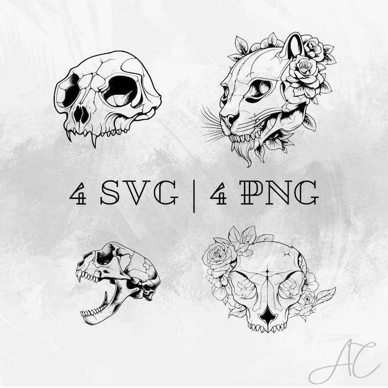 Realistic Cat Skull SVG Bundle, PNG, Halloween, Floral Cat Skull ...
