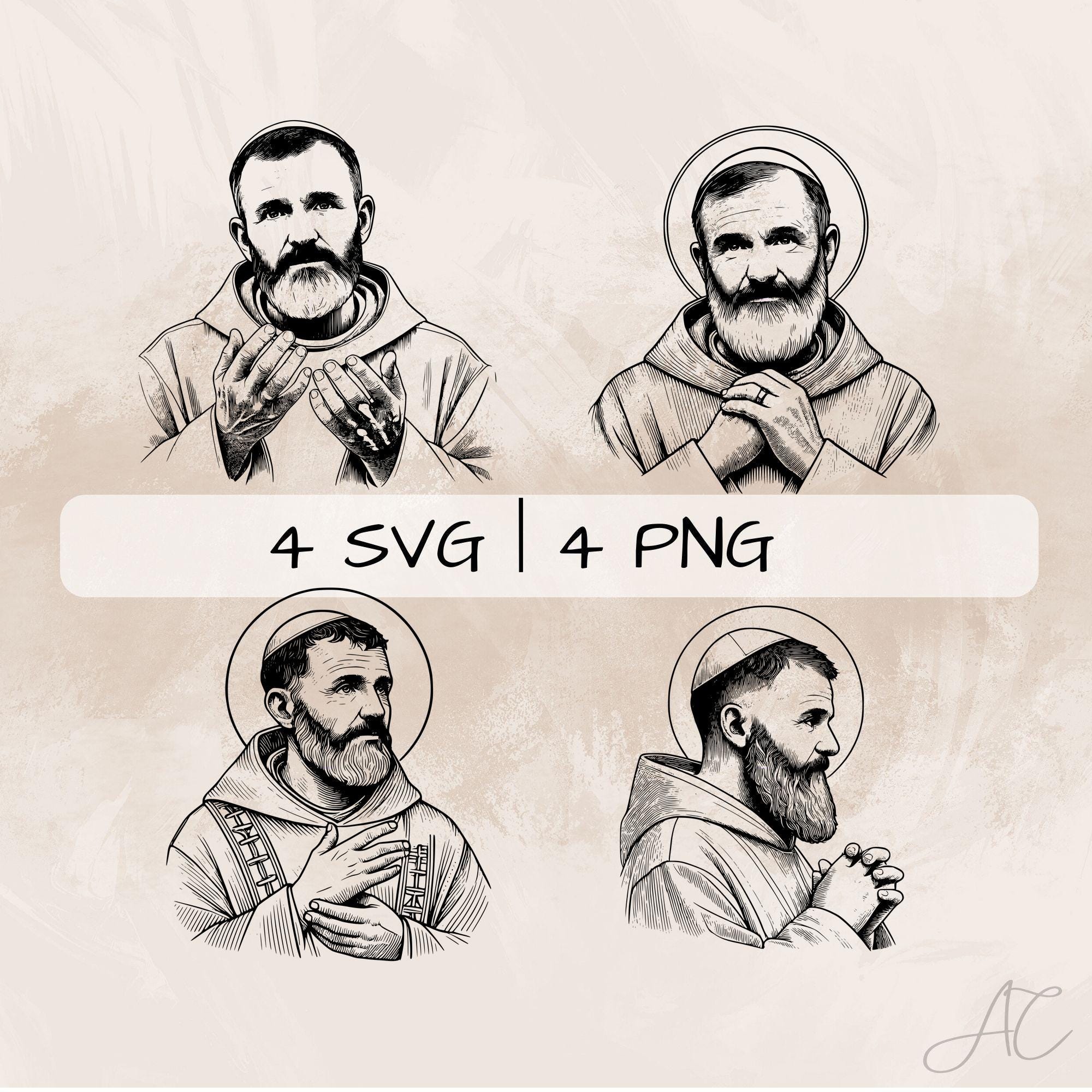 Saint Pio of Pietrelcina SVG Bundle, Padre Pio PNG , Hand Drawn Saint ...
