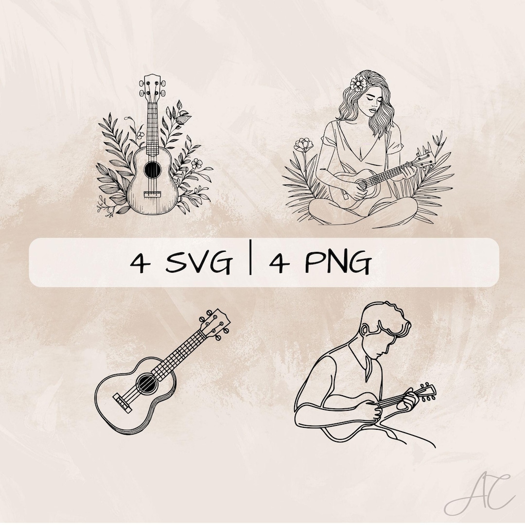 Delicate Ukulele SVG Bundle, Ukulele Line Art PNG, Ukulele Playre ...