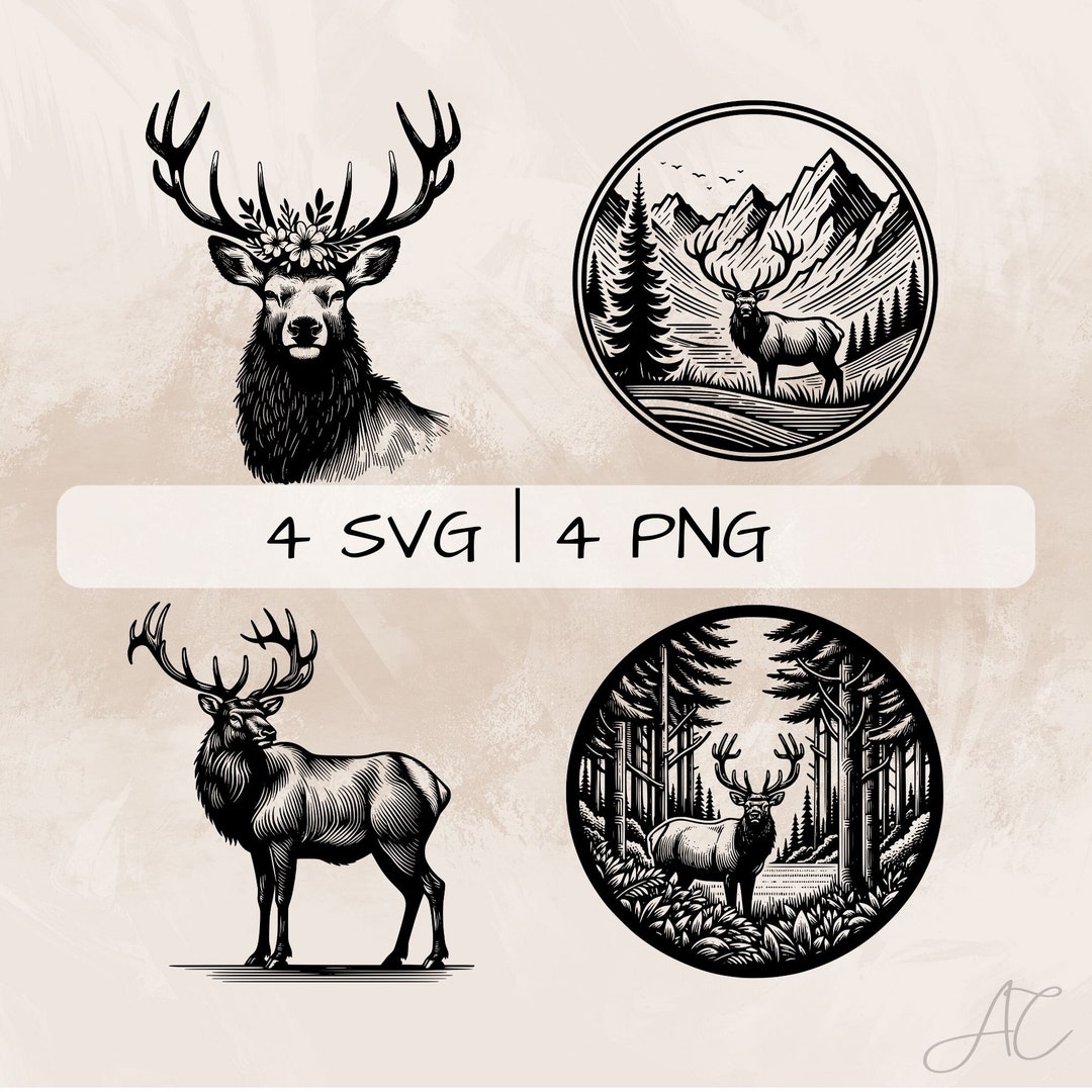 Elk SVG Bundle, Elk in the Forest PNG, Elk With Mountains Clipart, Hand ...