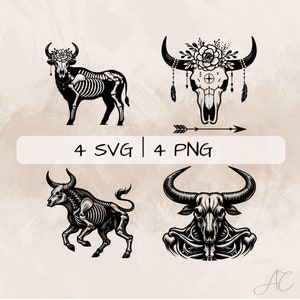 Bull SVG Bundle, Bull Skull PNG, Boho Bull Skeleton Clipart, Hand Drawn ...