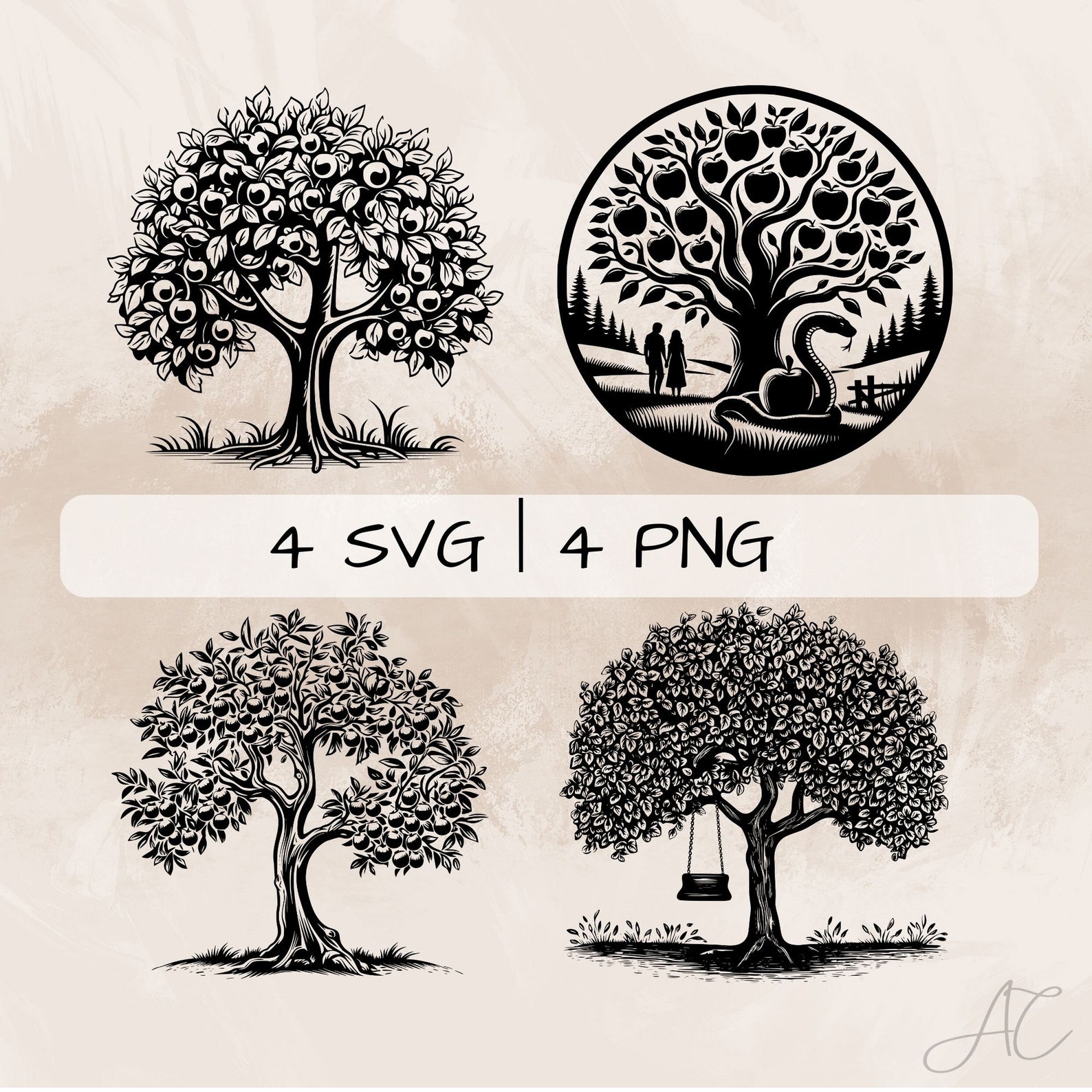 Apple Tree SVG Bundle, Apple Tree With Swing PNG, Apple Clipart, Hand ...