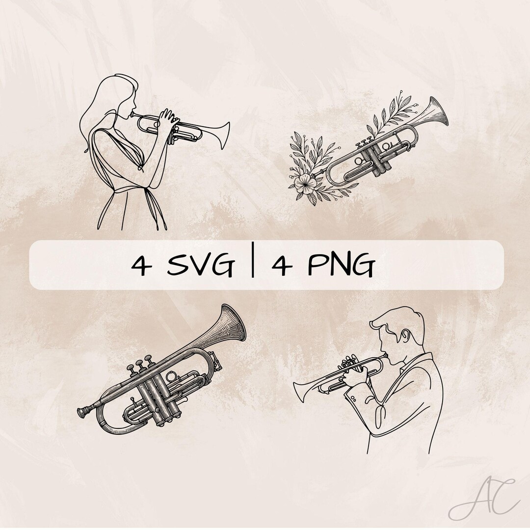 Delicate Trumpet SVG Bundle, Trumpet Line Art PNG, Floral Trumpet ...