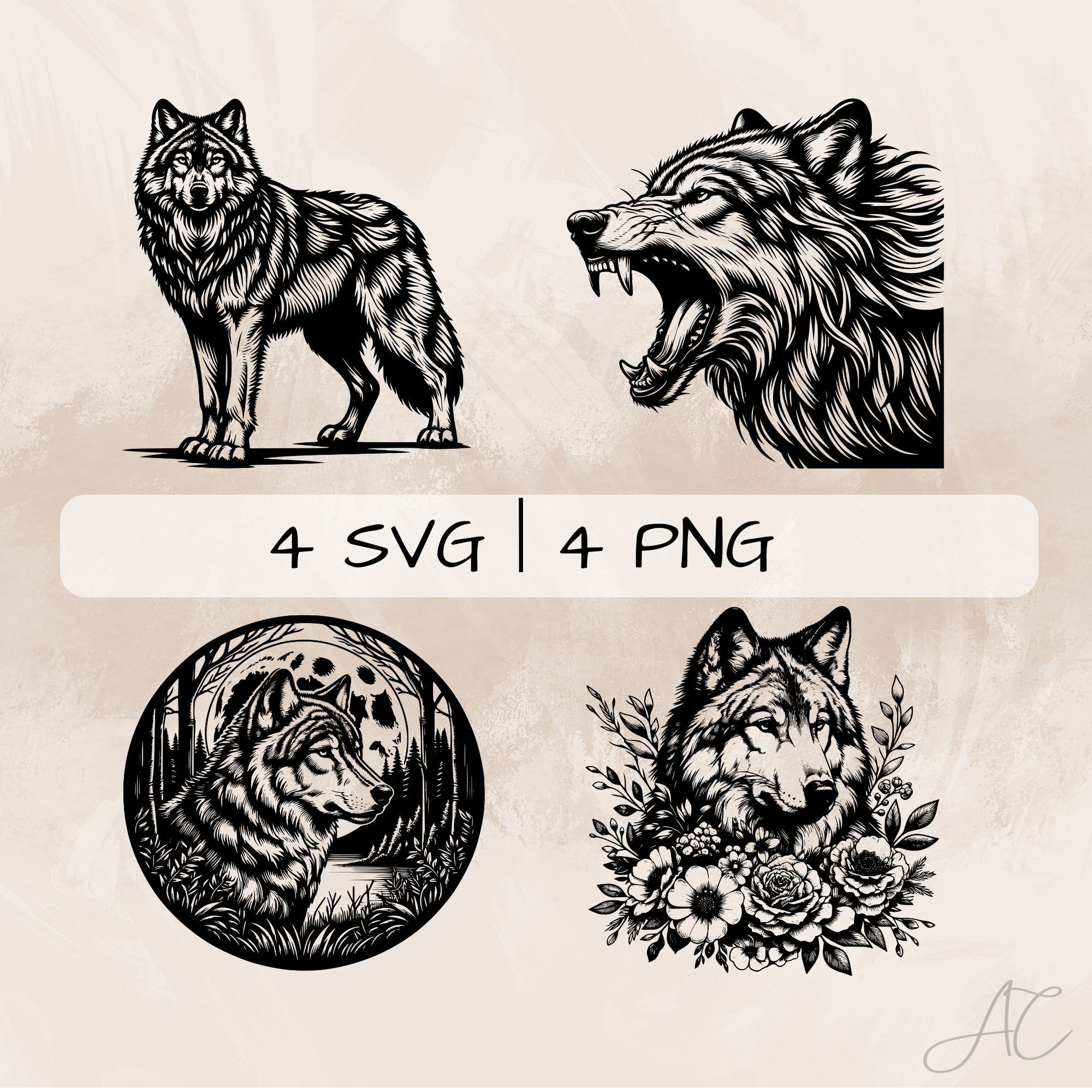 Wolf SVG Bundle, Wolf Howling PNG, Wolf Head Clipart, Hand Drawn Wolf ...