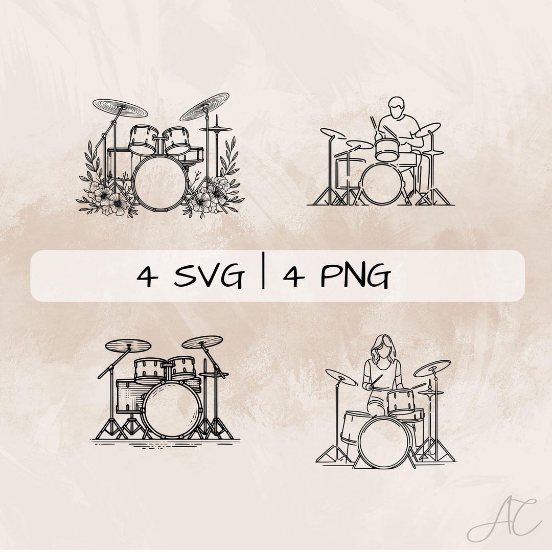 Delicate Drums SVG Bundle, Drum Set Line Art PNG, Floral Drums Clipart ...
