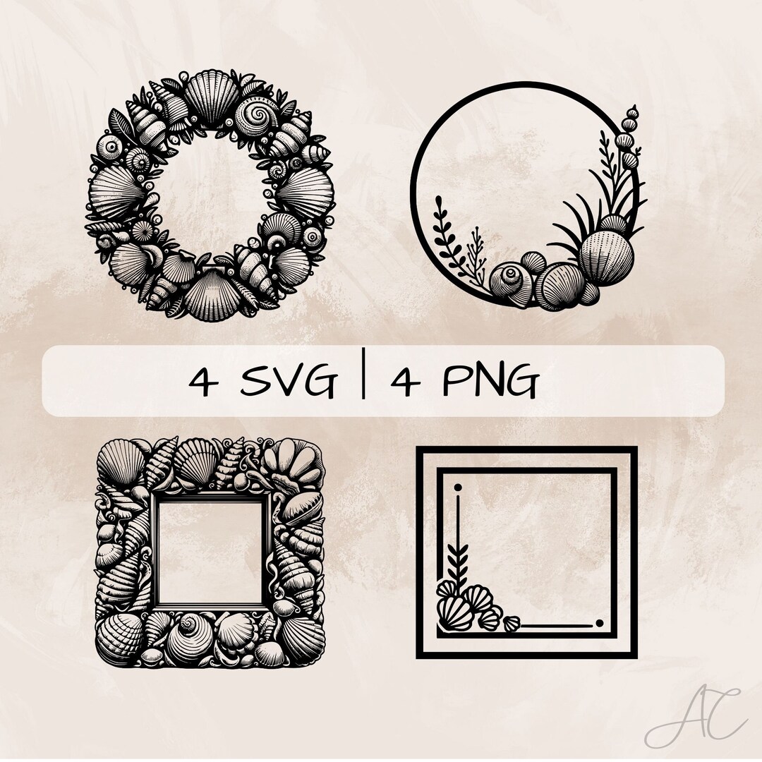 Seashell Frame SVG Bundle, Seashell Round Frame PNG, Square Frame ...