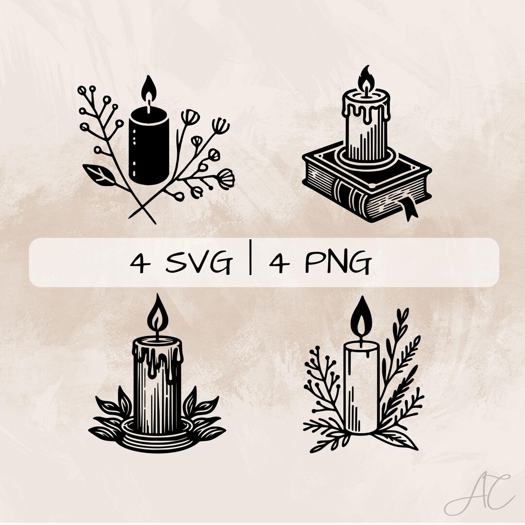 Candle SVG Bundle, Gothic Candle PNG, Floral Candle Clipart, Hand Drawn ...