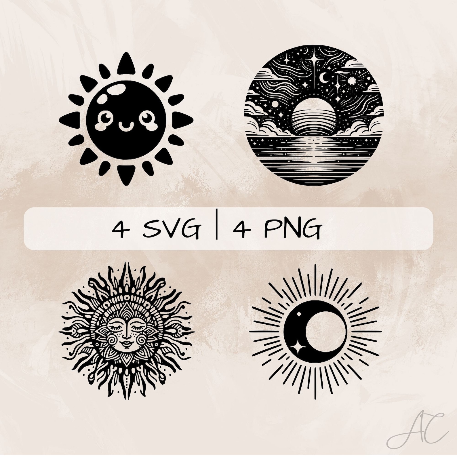 Sun SVG Bundle, Sun Scene PNG, Cute Sun Clipart, Hand Drawn Sun ...